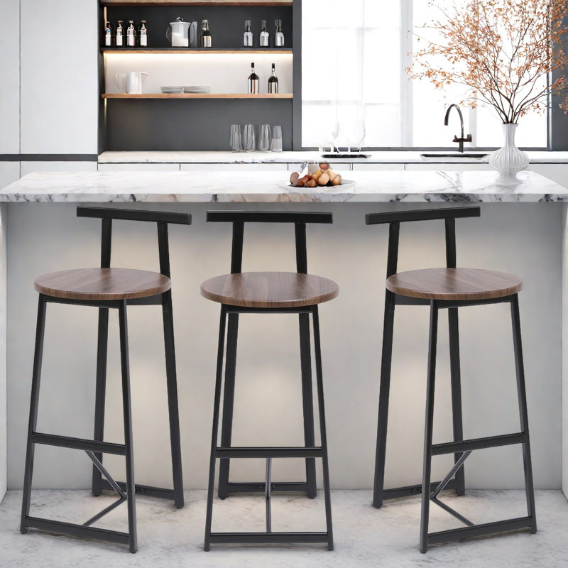 17 Stories Set Of 3 Bar Stools With Backrest, Footrest And Metal Frame ...