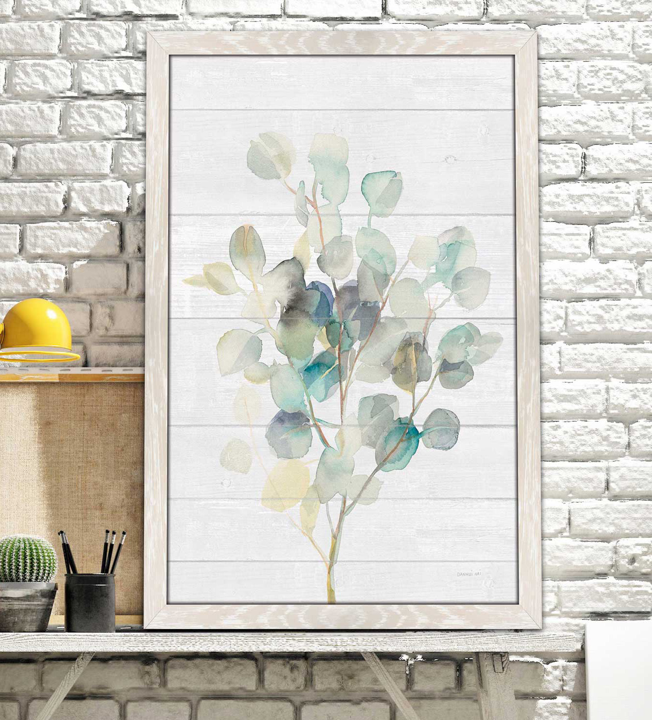 Gracie Oaks 'Eucalyptus III on Shiplap' Framed Watercolor Painting ...