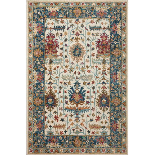 Bungalow Rose Handmade Hand Hooked Wool Ivory/Sky Rug | Wayfair