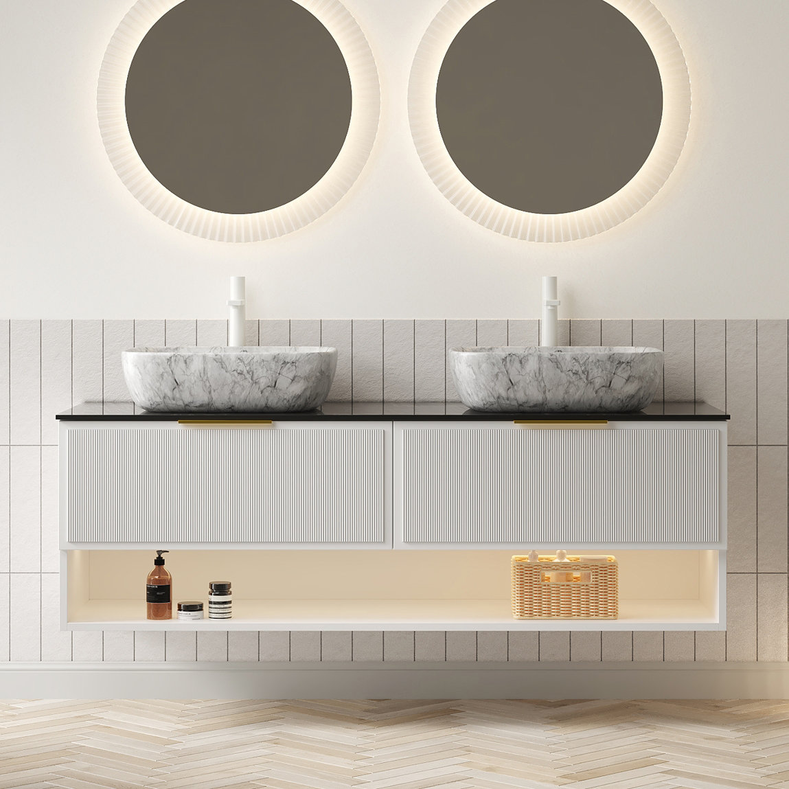 Orren Ellis 60" Bathroom Vanity With Sinks, Floating Plywood Storage ...