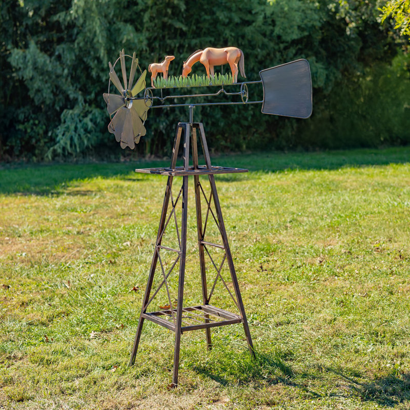 August Grove® 59.8" Tall Iron Windmill with Horse Family on Weather ...