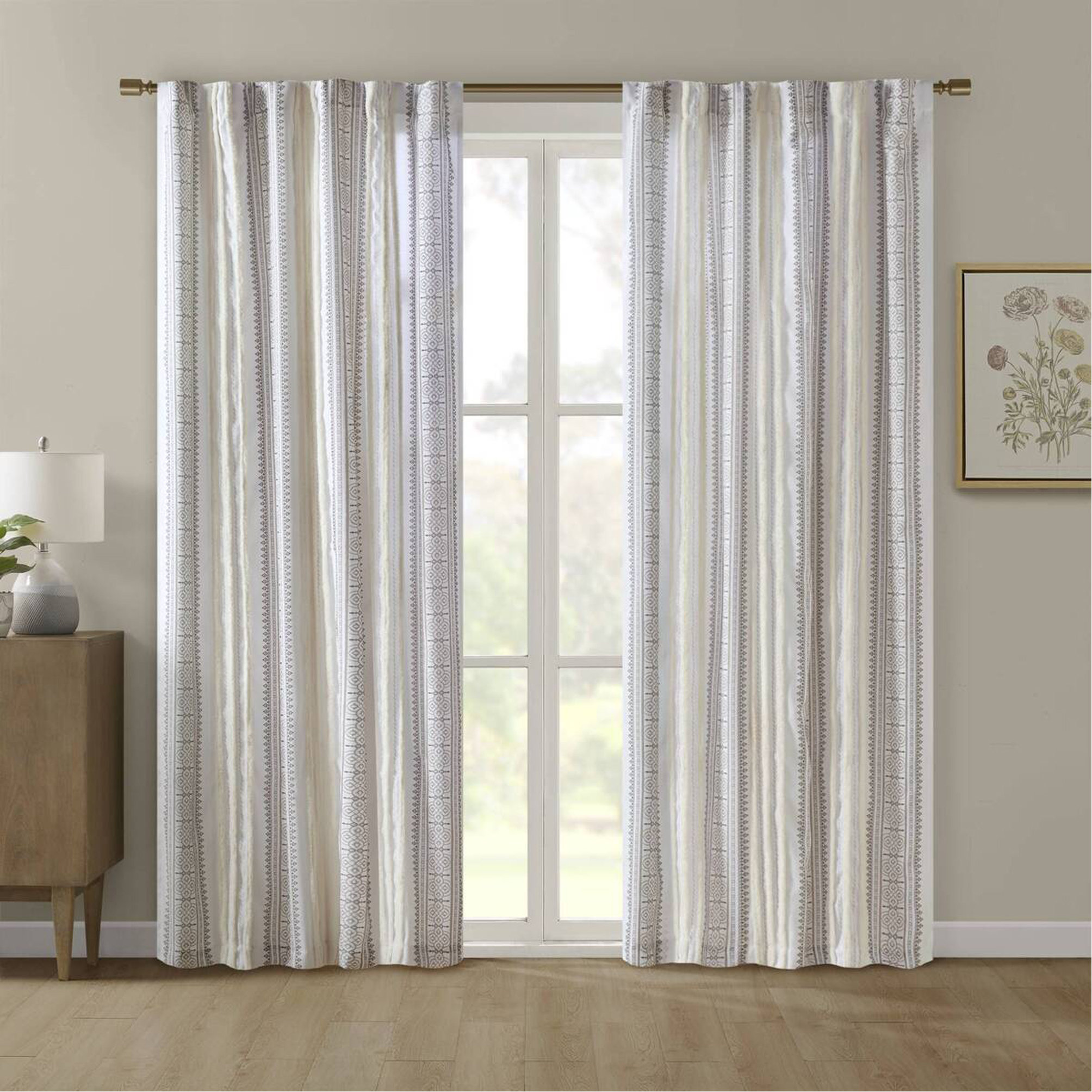 Winston Porter Poly Printed Curtain Panel With Tufted Stripe And Lining ...
