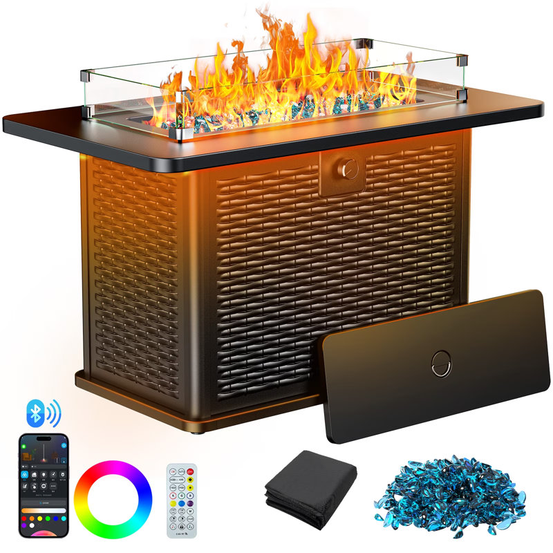 Highland Dunes 43" Fire Pit Table Propane Outdoor Fireplace with Glass ...
