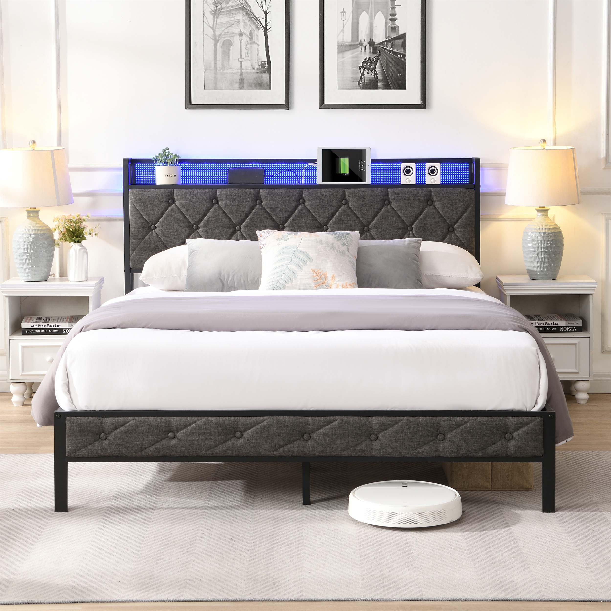 Ebern Designs Upholstered Platform Bed with Storage Headboard, Charging ...