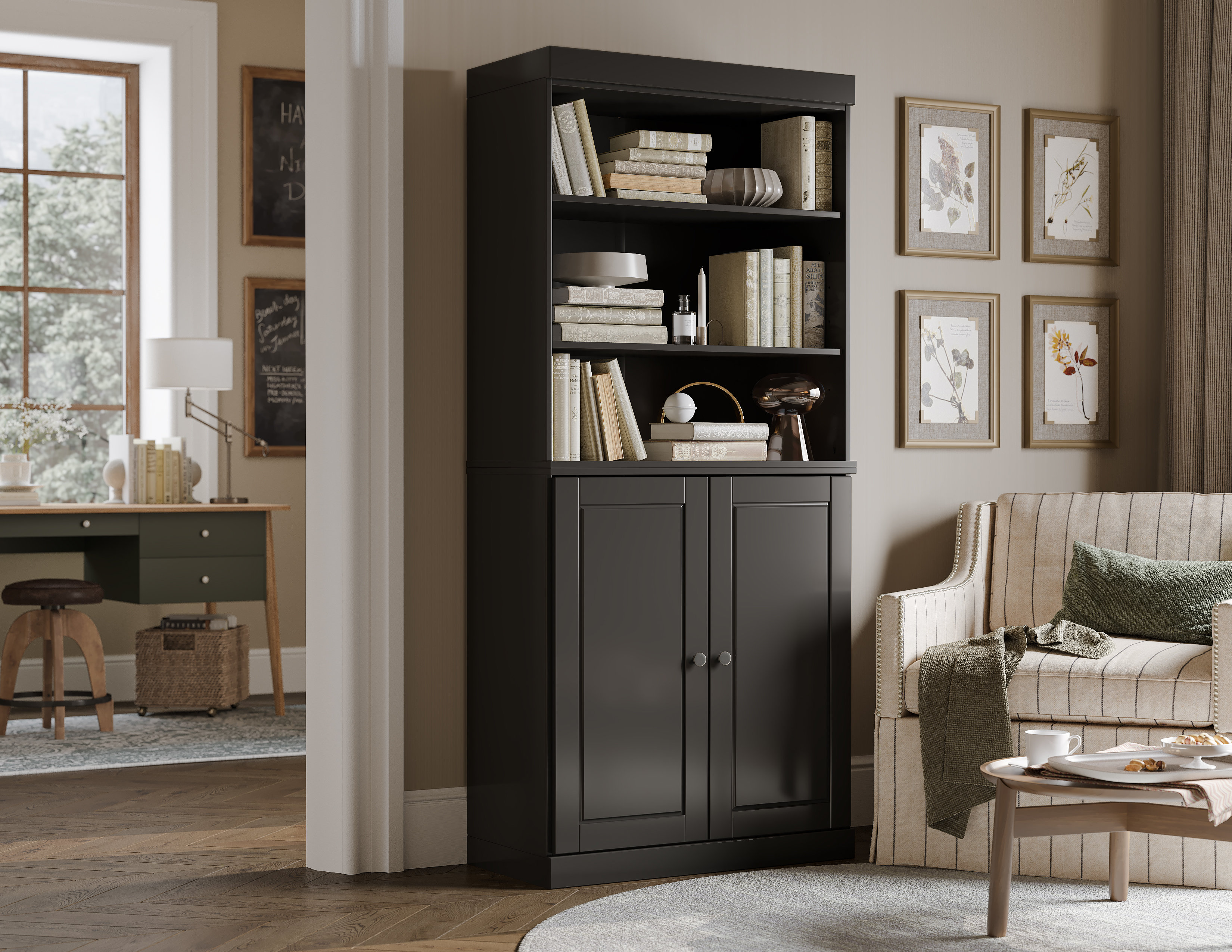 Latitude Run® Victorya 100% Solid Wood 6-Shelf Bookcase with Raised Panel Doors & Adjustable ...