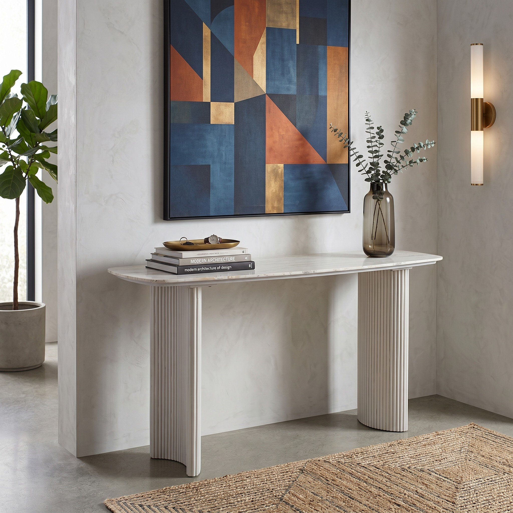 Rosecliff Heights Catalina Modern Travertine Top Console Table with ...