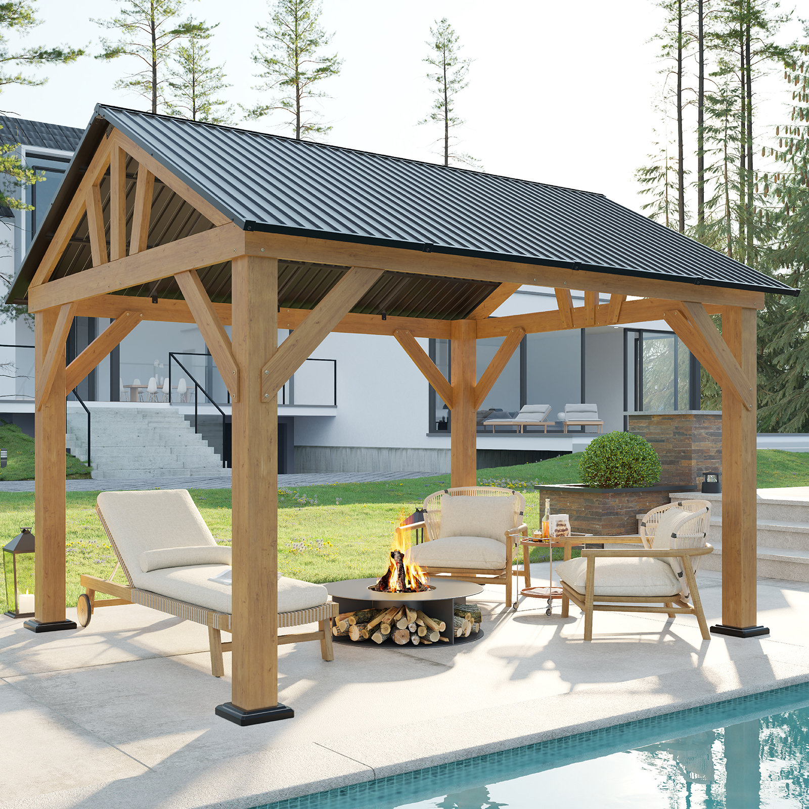 LUXOAK Classic 10x12ft. Wood Gazebo, Outdoor Gazebo With Metal Steel ...