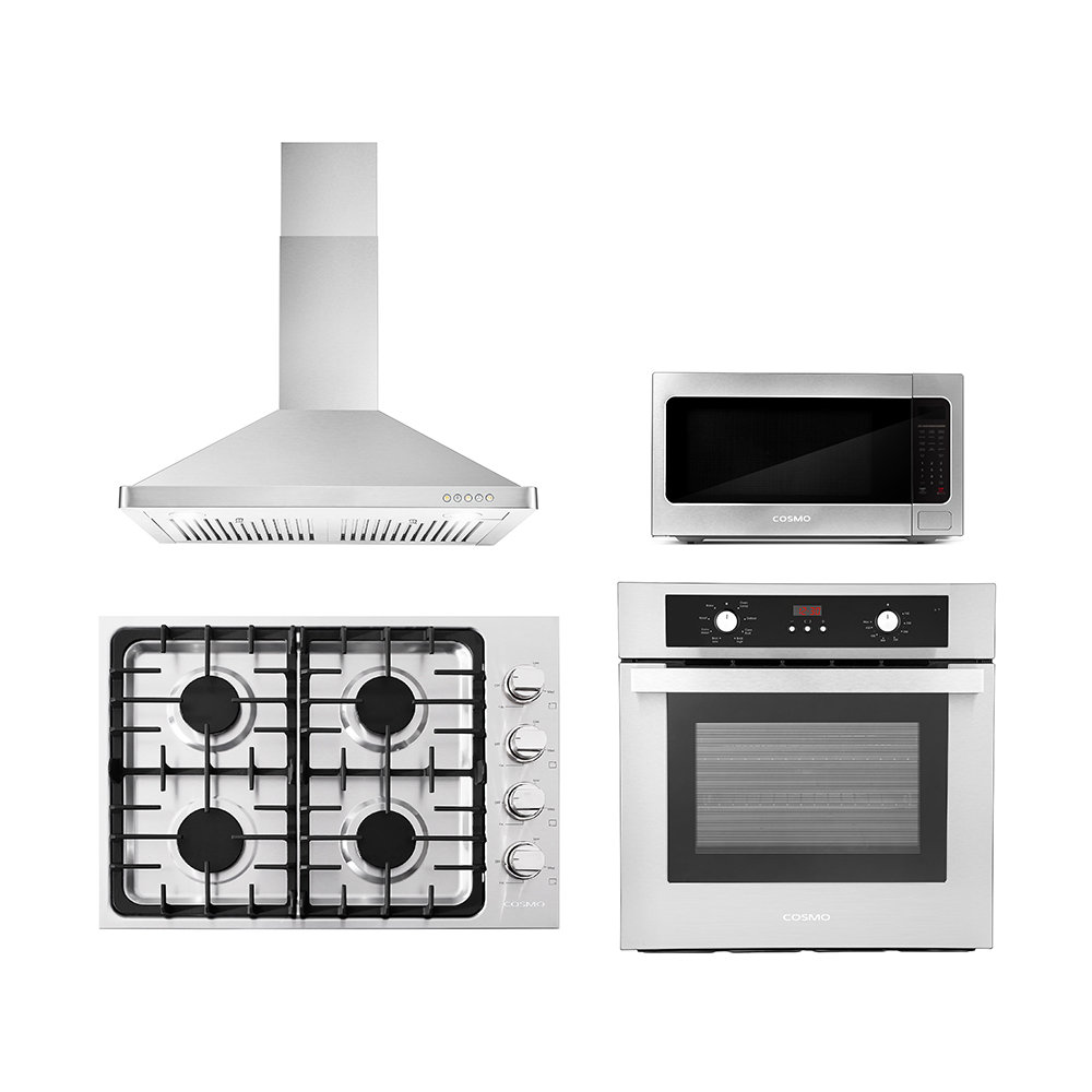 Cosmo 4 Piece Kitchen Package 30" Gas Cooktop 30" Wall Mount Range Hood ...