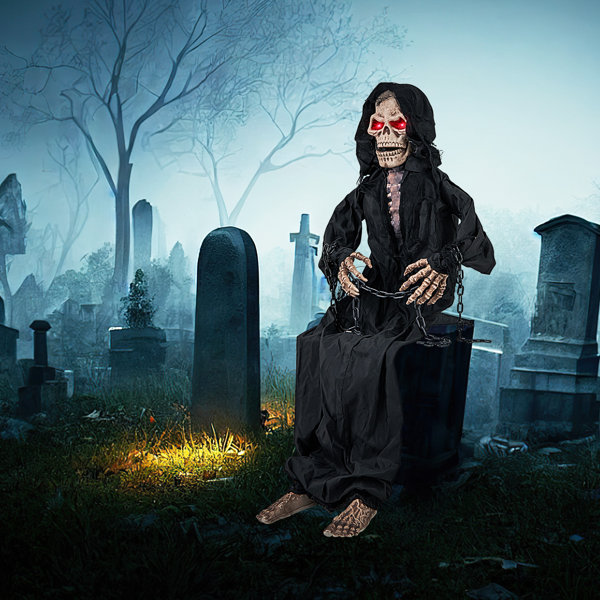 The Holiday Aisle® Halloween Animatronics Animatronic Sitting Skeleton ...