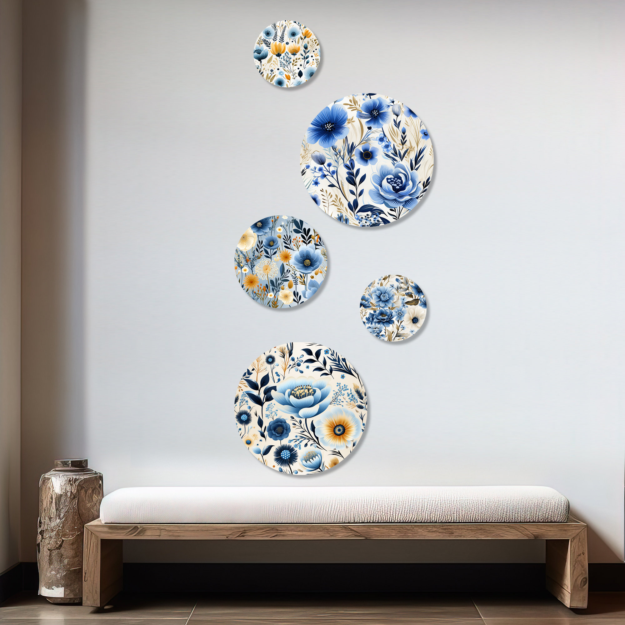 Design Art Blue Boho Chic Floral Pattern - Floral Floral Round Wall Art ...