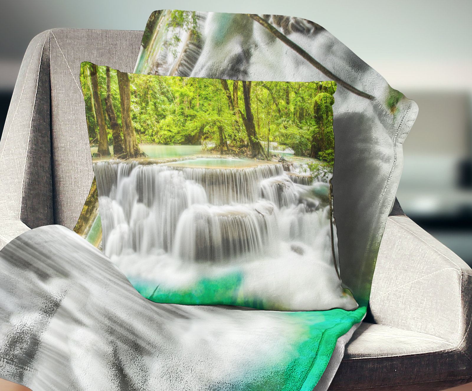 Design Art Panoramic Erawan Waterfall - Landscape Printed Pillow | Wayfair
