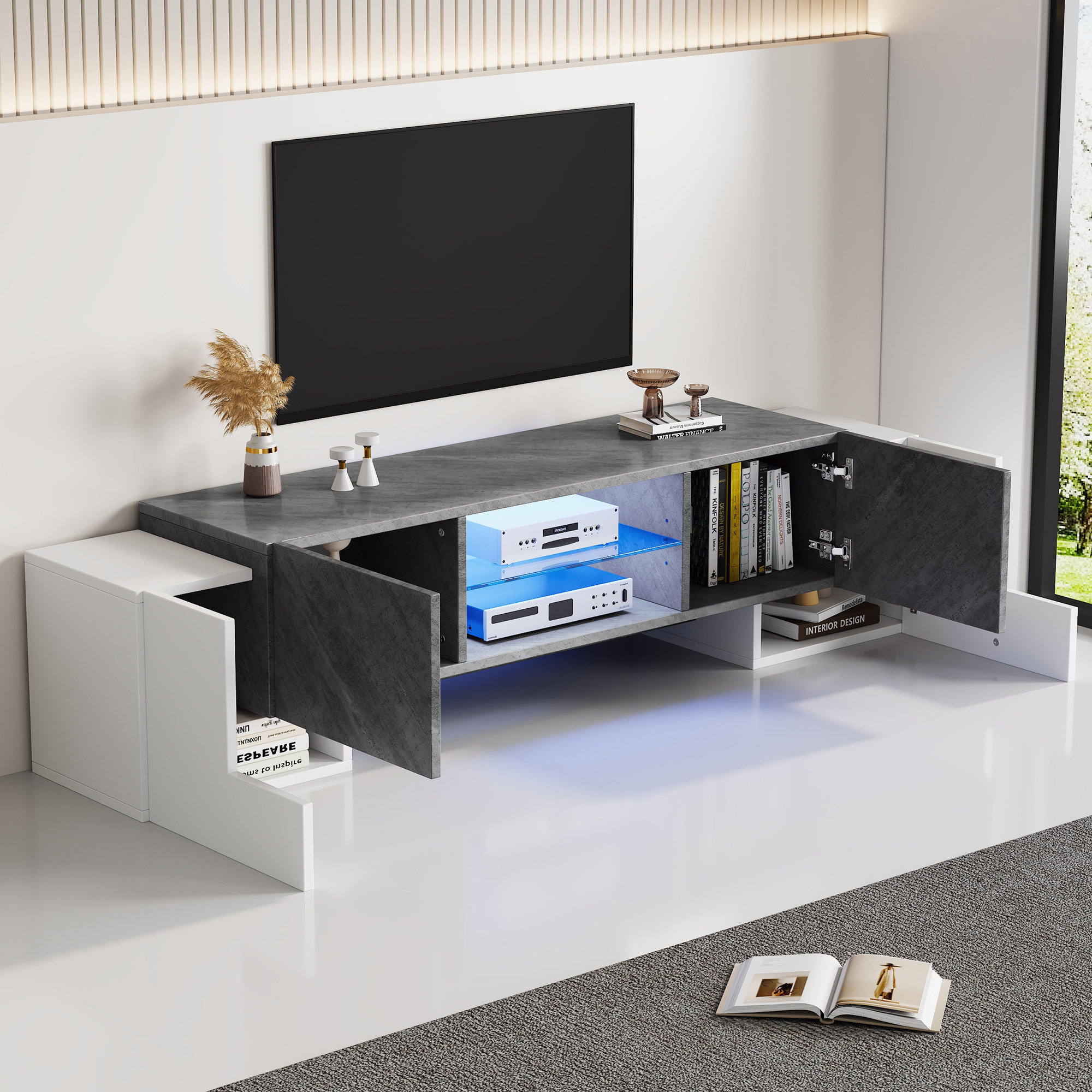Metro Lane TV Stand Cabient, 4 Doors, 2 Open Storage Areas, With LED ...