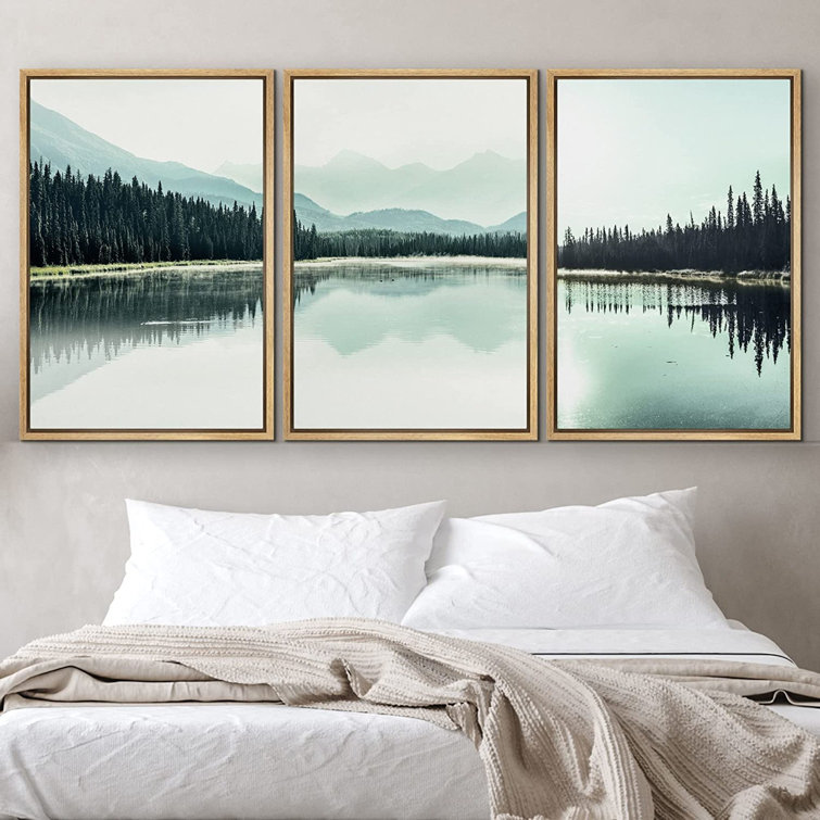 IDEA4WALL Framed Canvas Print Wall Art Set Teal Mountain Range Lake ...