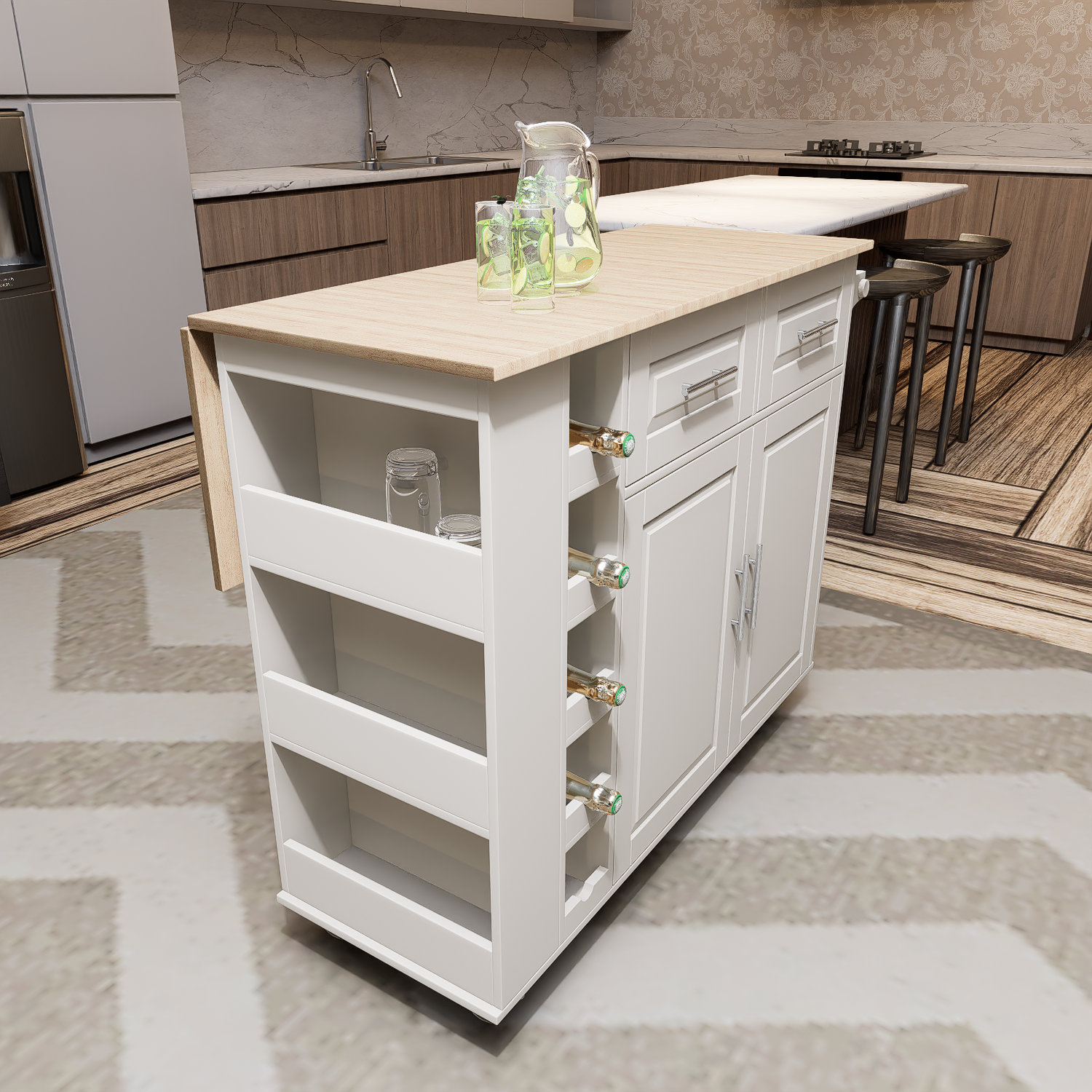 Winston Porter White Multifunctional Kitchen Island Cart With 2-door Cabinet And Two Drawers ...