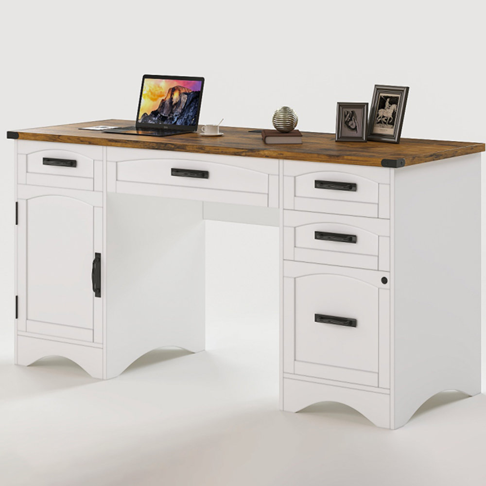 Lark Manor™ Farmhouse Executive Desk With 5 Drawers, File Cabinet And ...