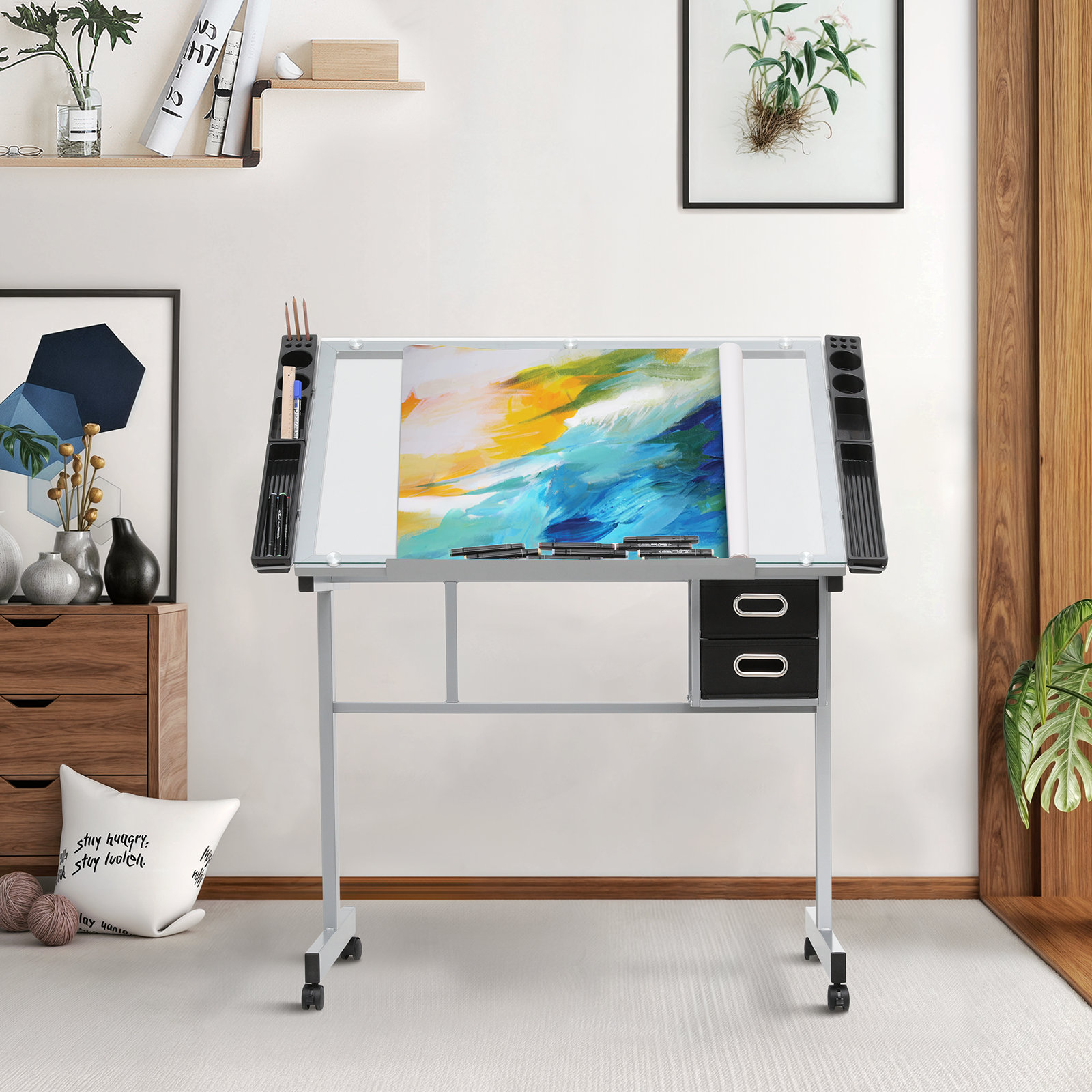 Inbox Zero Lachus Craft and Drawing Station, Transparent Tempered Glass ...