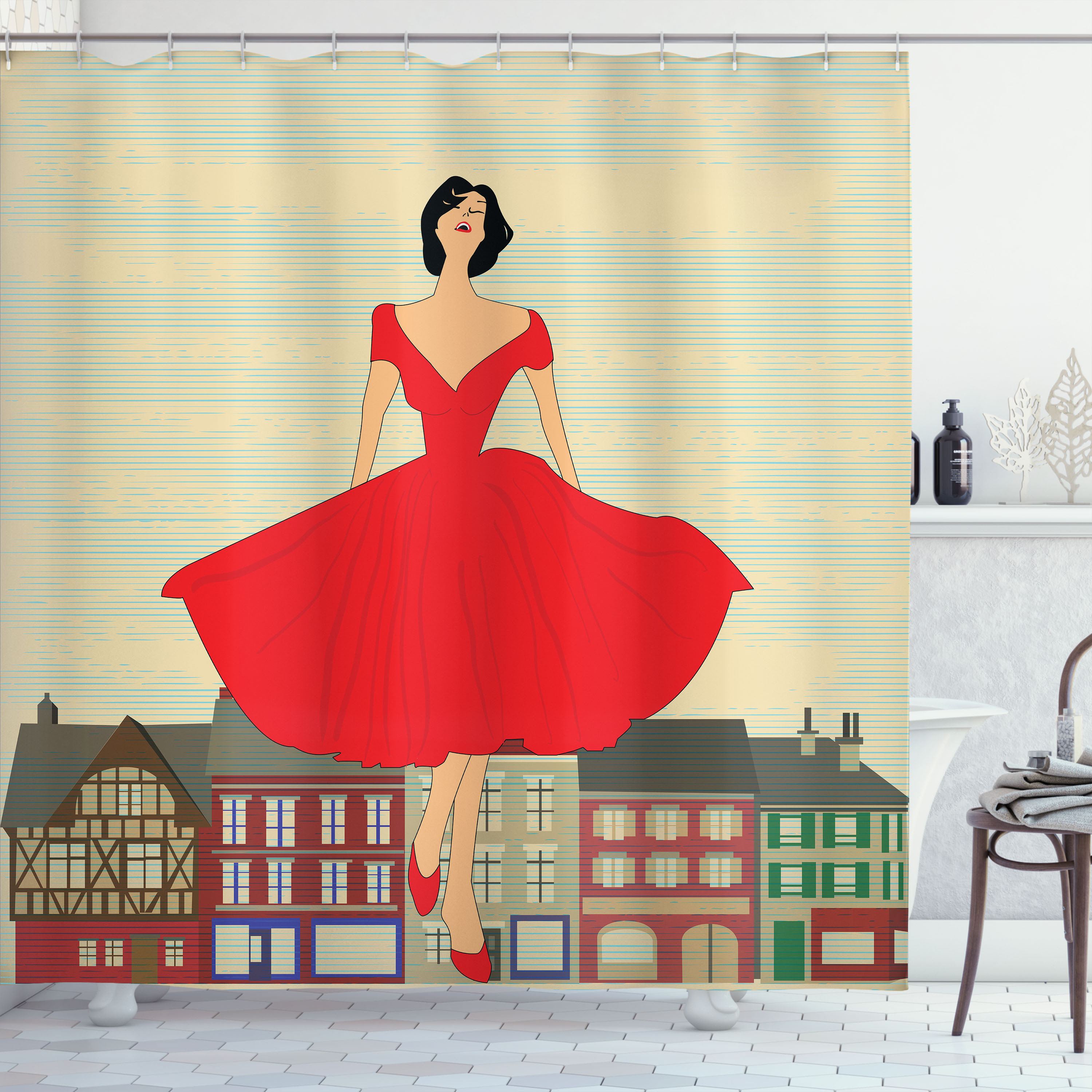 Dakota Fields Vintage Woman Shower Curtain Lady in Red Dress Multicolor ...