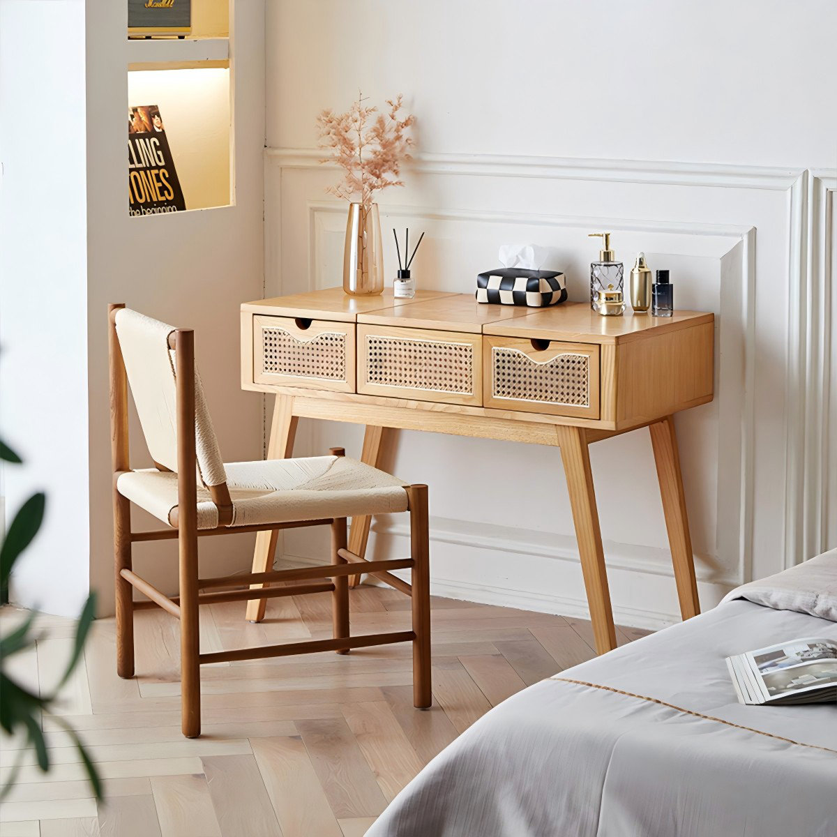 Bayou Breeze Modern Minimalist Rattan-Woven Solid Wood Vanity | Wayfair