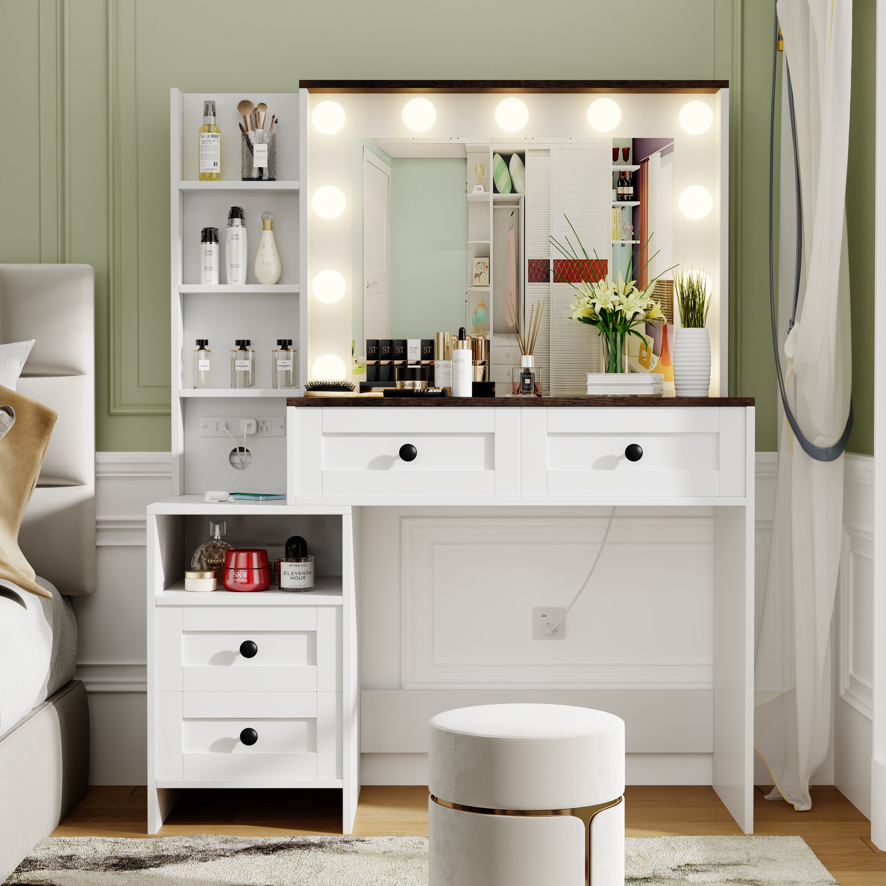 Ebern Designs Makeup Vanity With Built-In Outlets And Lighted Mirror ...
