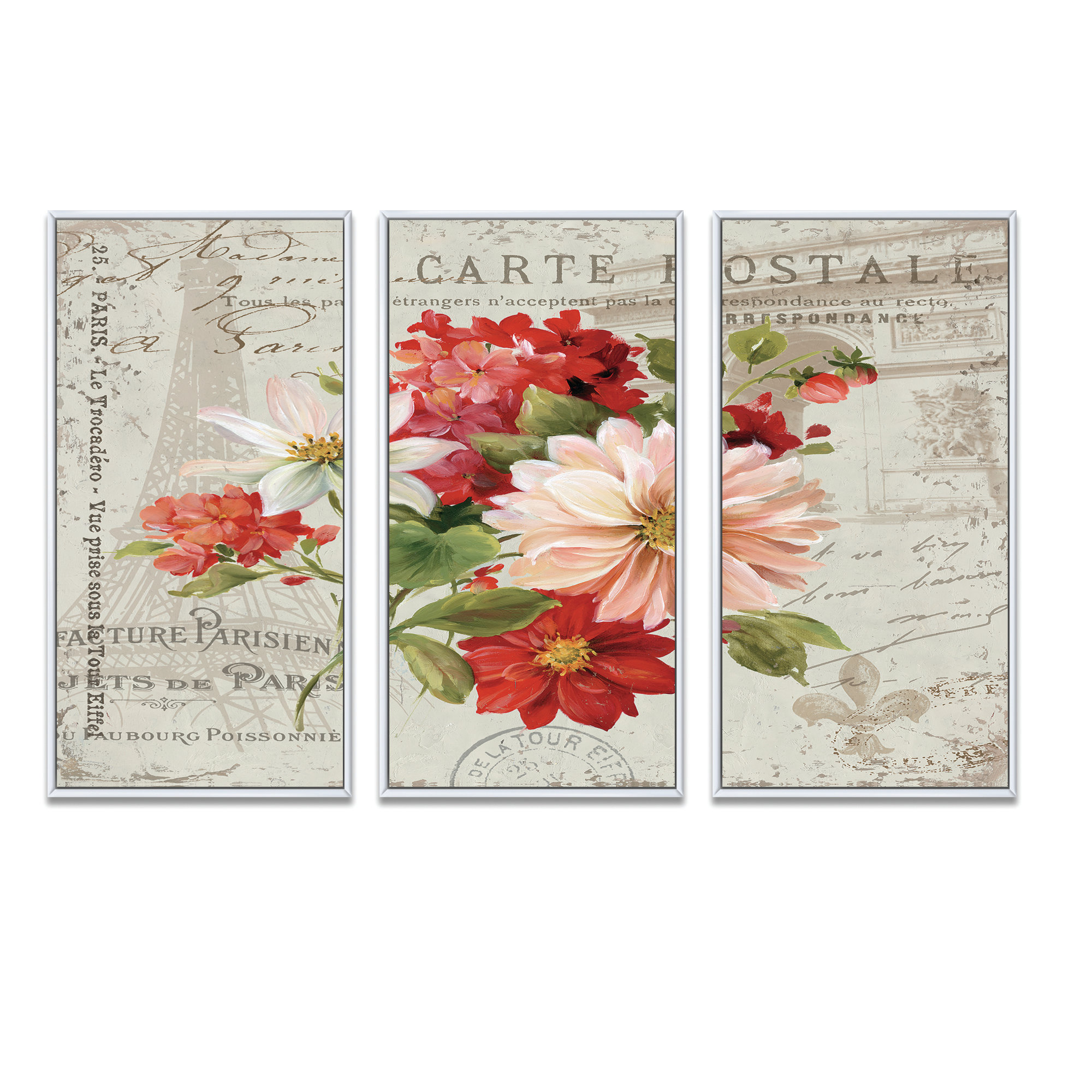 Design Art Red Painted Flowers On Vintage Postcard II - Farmhouse ...