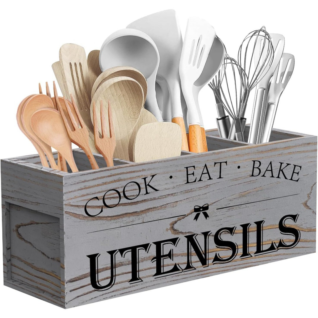 Trinx Extra Large Kitchen Utensils Holder With 4 Compartments, Wooden ...
