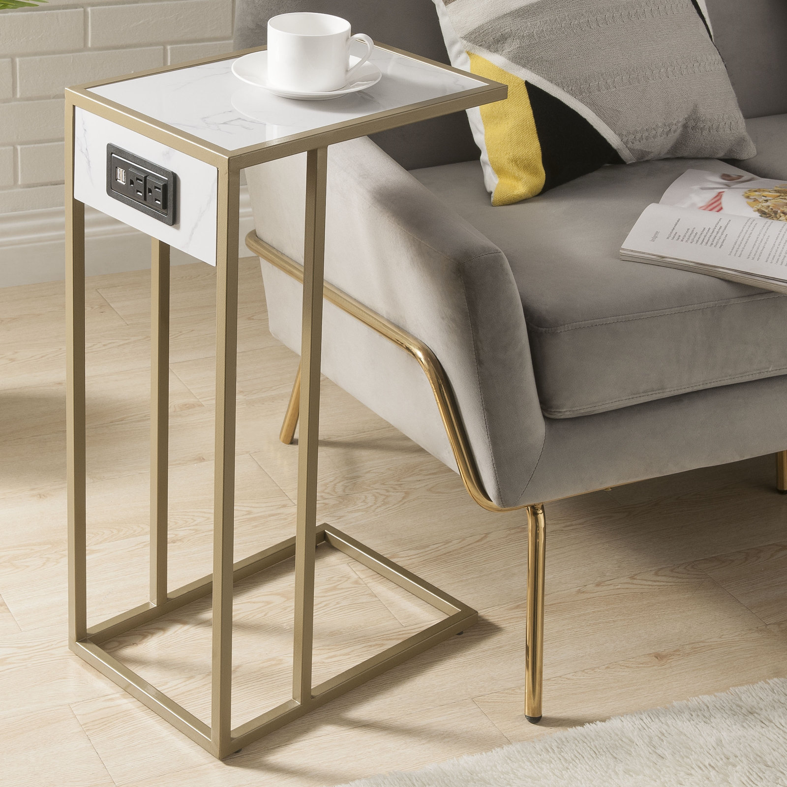 Latitude Run® Clement Base C Table with USB and Plug in Marble Finish ...