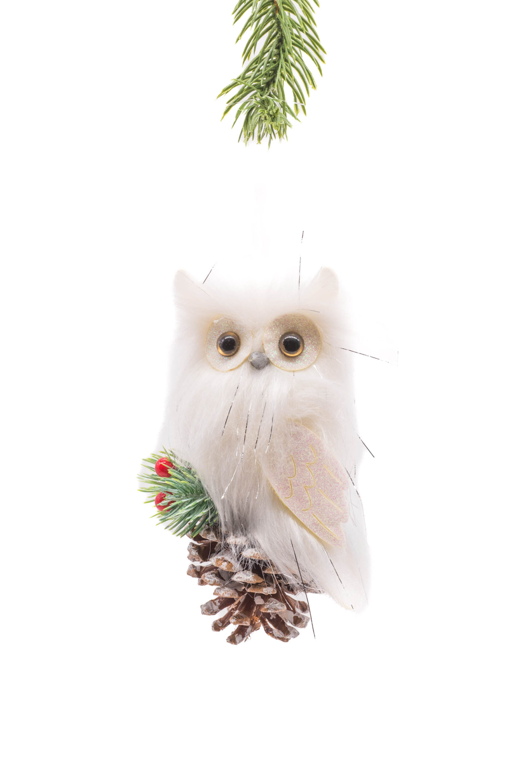 The Holiday Aisle® White Cloth Hanging Fuzzy Owl on a Pinecone | Wayfair