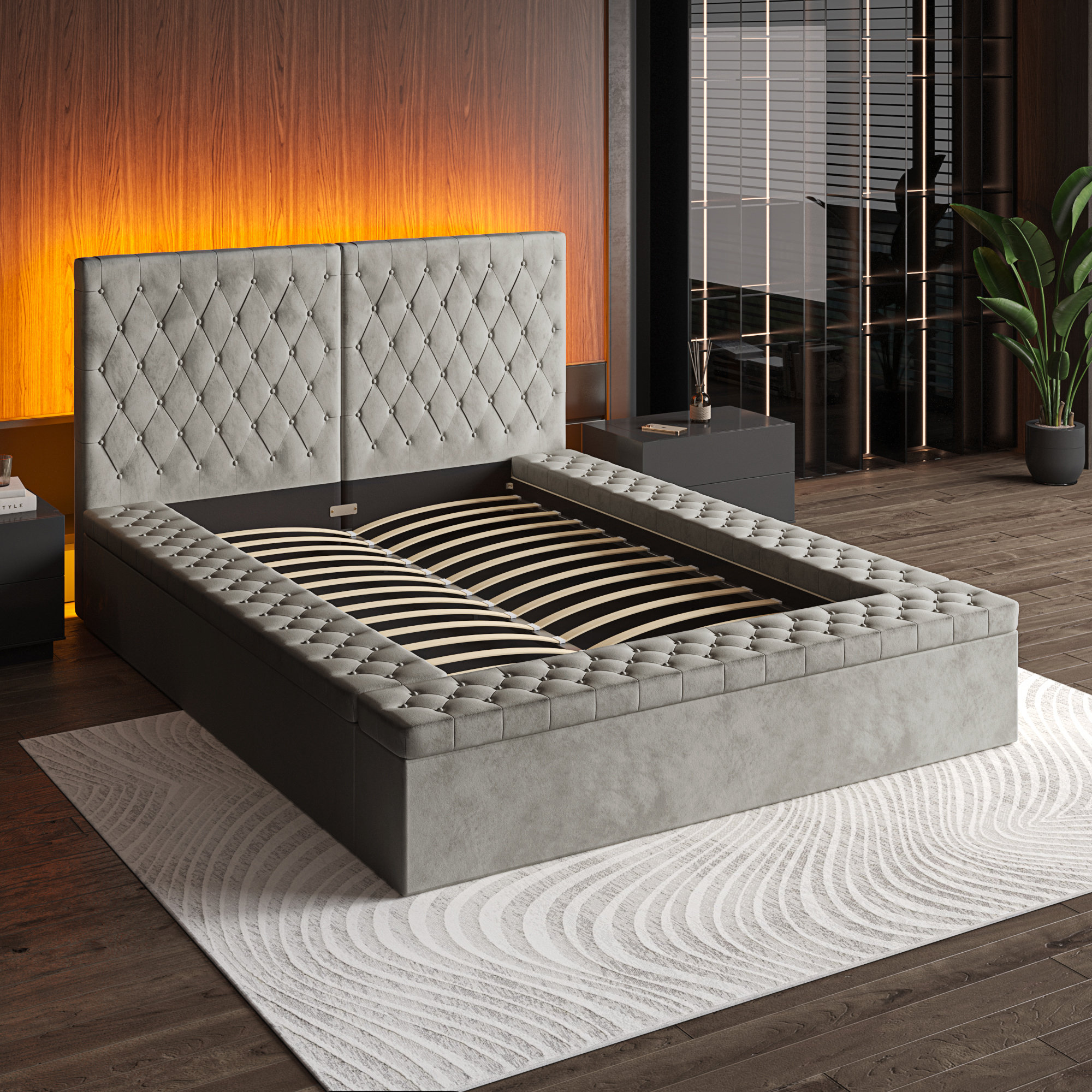 Tufted Upholstered Low Profile Storage Platform Bed