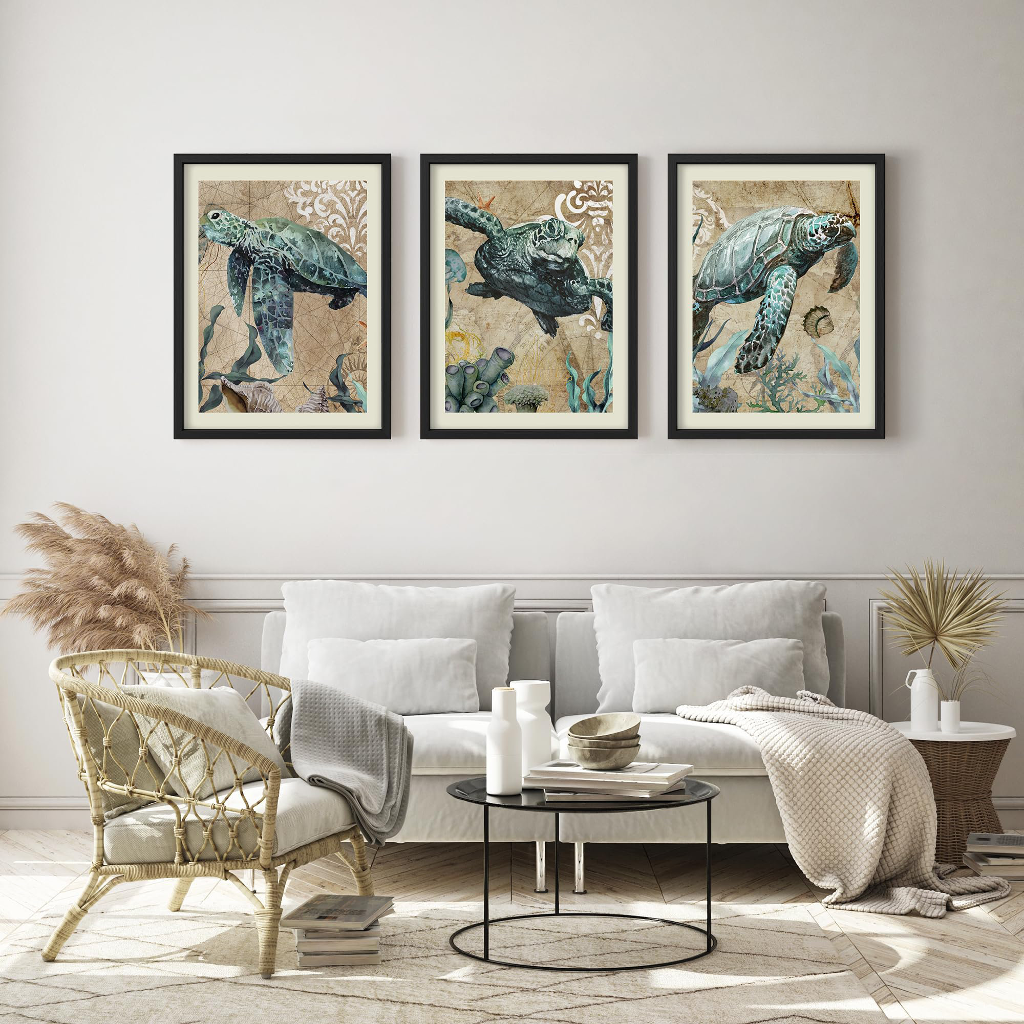 SIGNLEADER Framed Wall Art Collage Print Set, Turtle Swimming Through ...