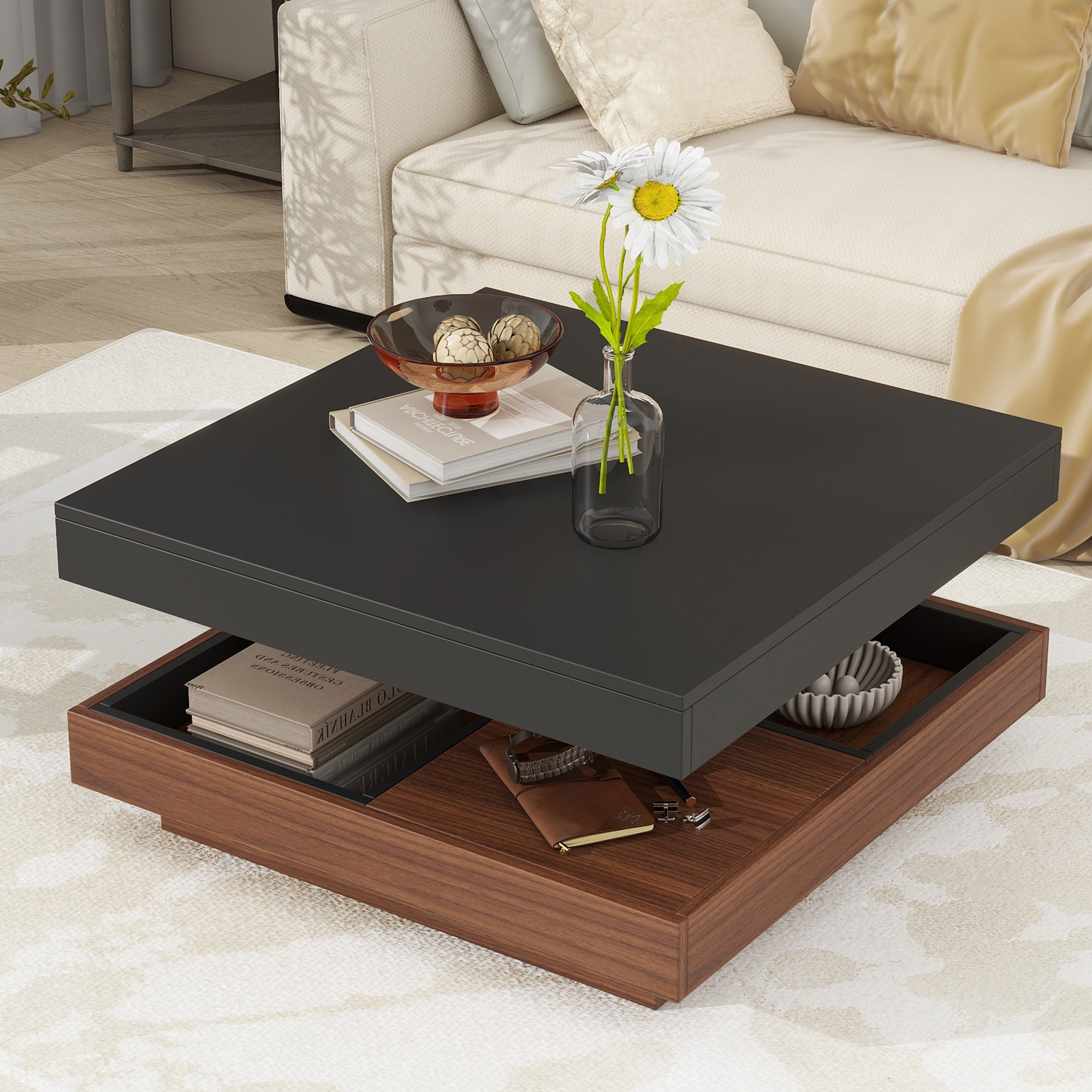 Ivy Bronx Modern Square 360°Rotating Coffee Table With Three Detachable ...