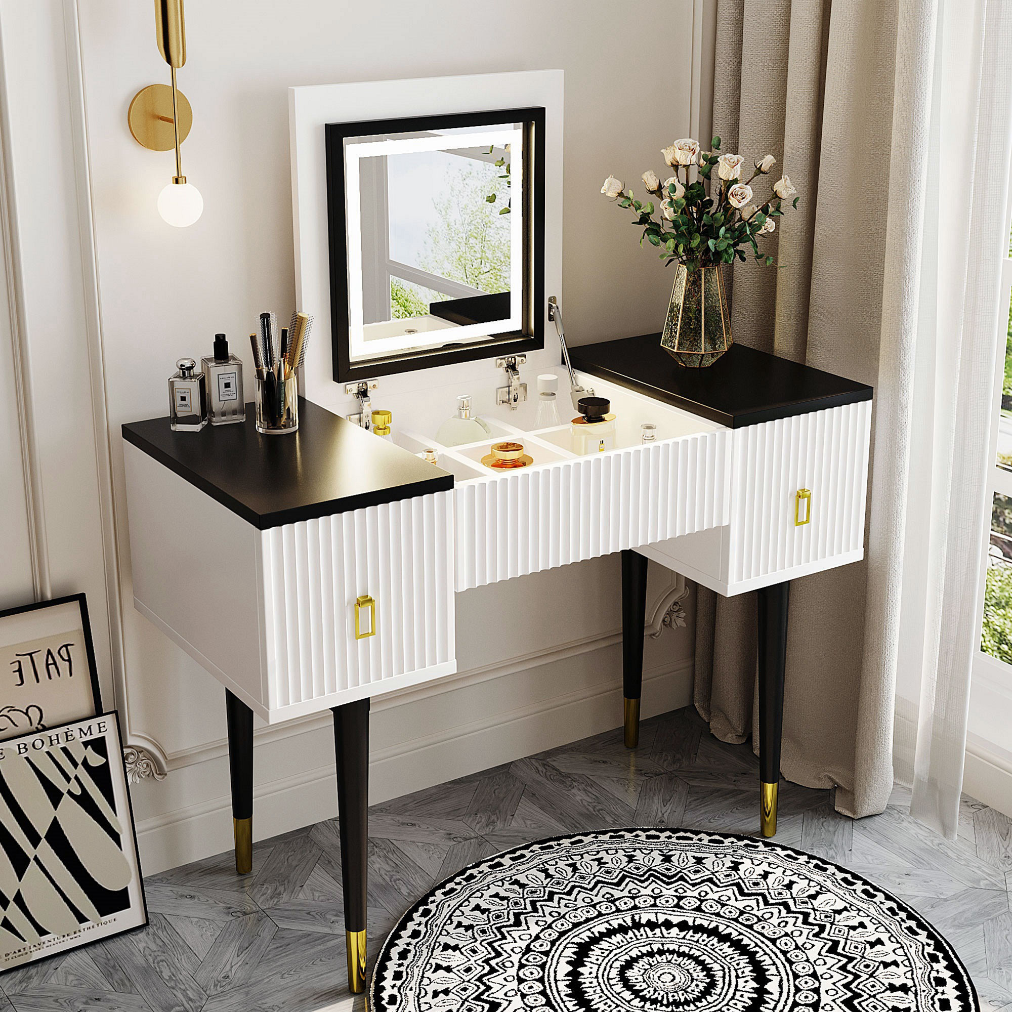 Everly Quinn Modern Vanity Table Set with Flip-top Mirror and LED Light ...