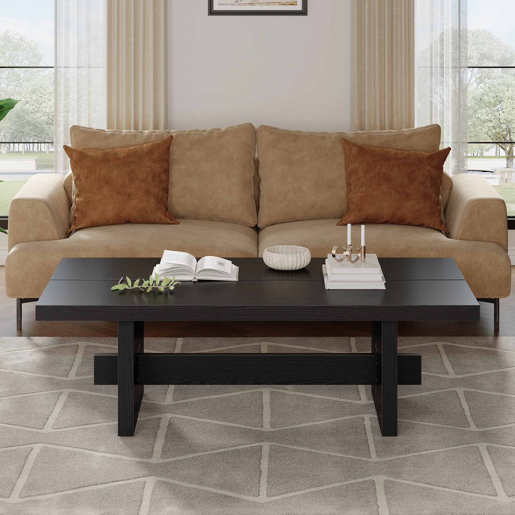 Latitude Run® 55.12-Inch Modern Black Coffee Table, Rectangular Center ...