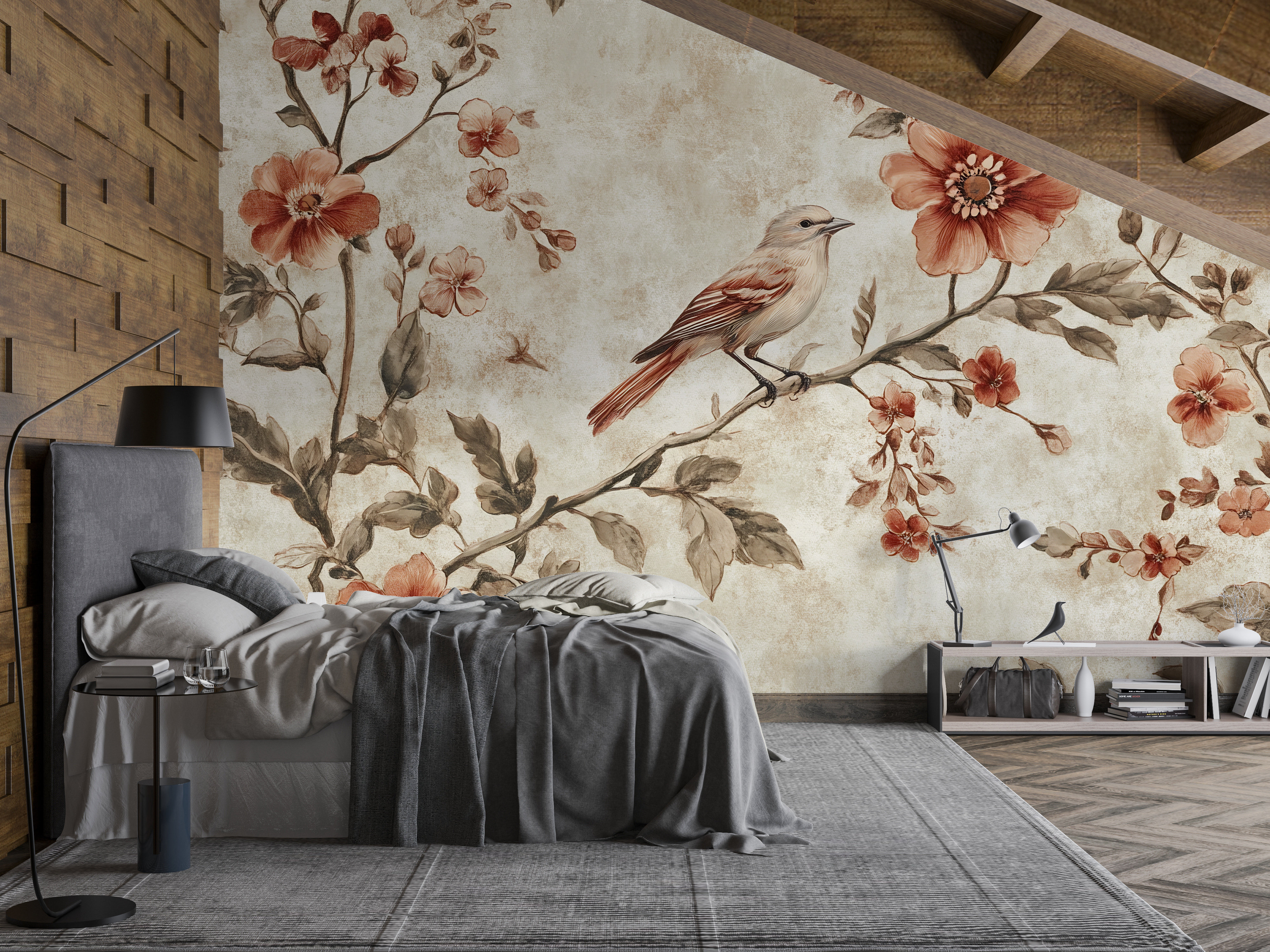 Red Barrel Studio® Vintage Bird Mural – Rustic Floral Botanical ...