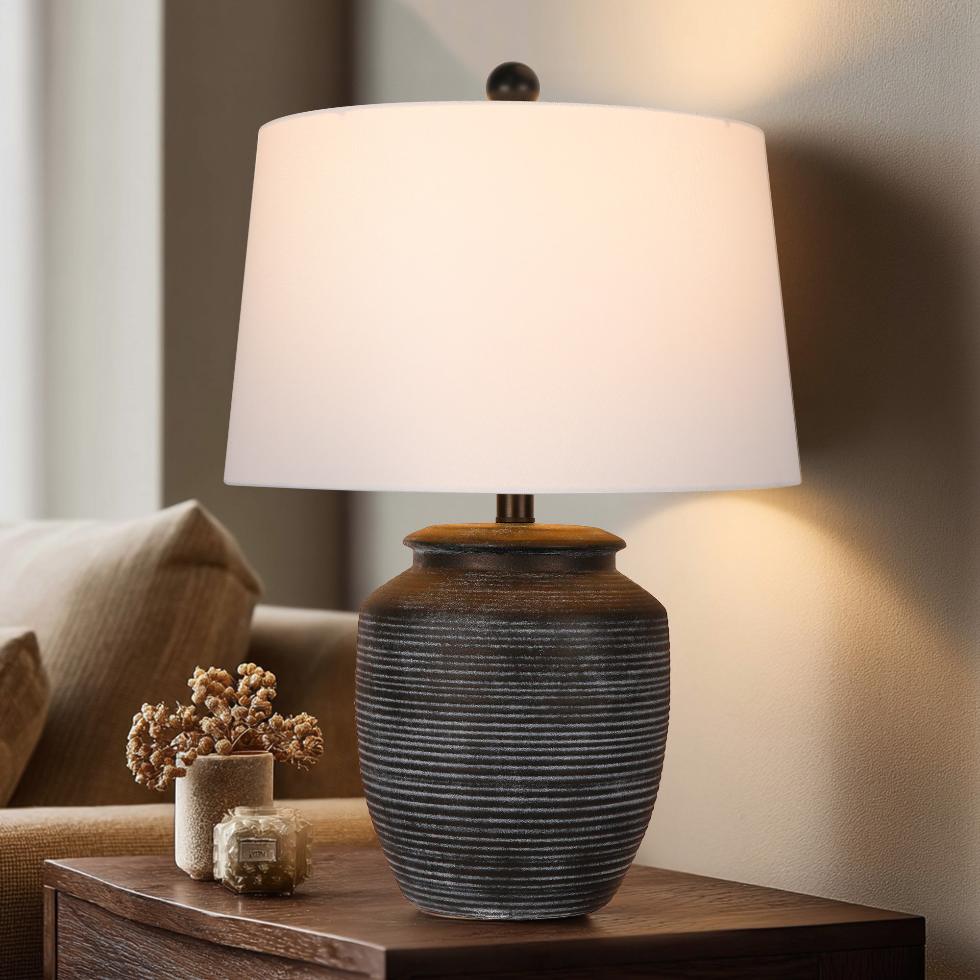 Gracie Oaks 28" Rustic Ceramic Pot Table Lamp for Bedroom Living Room ...