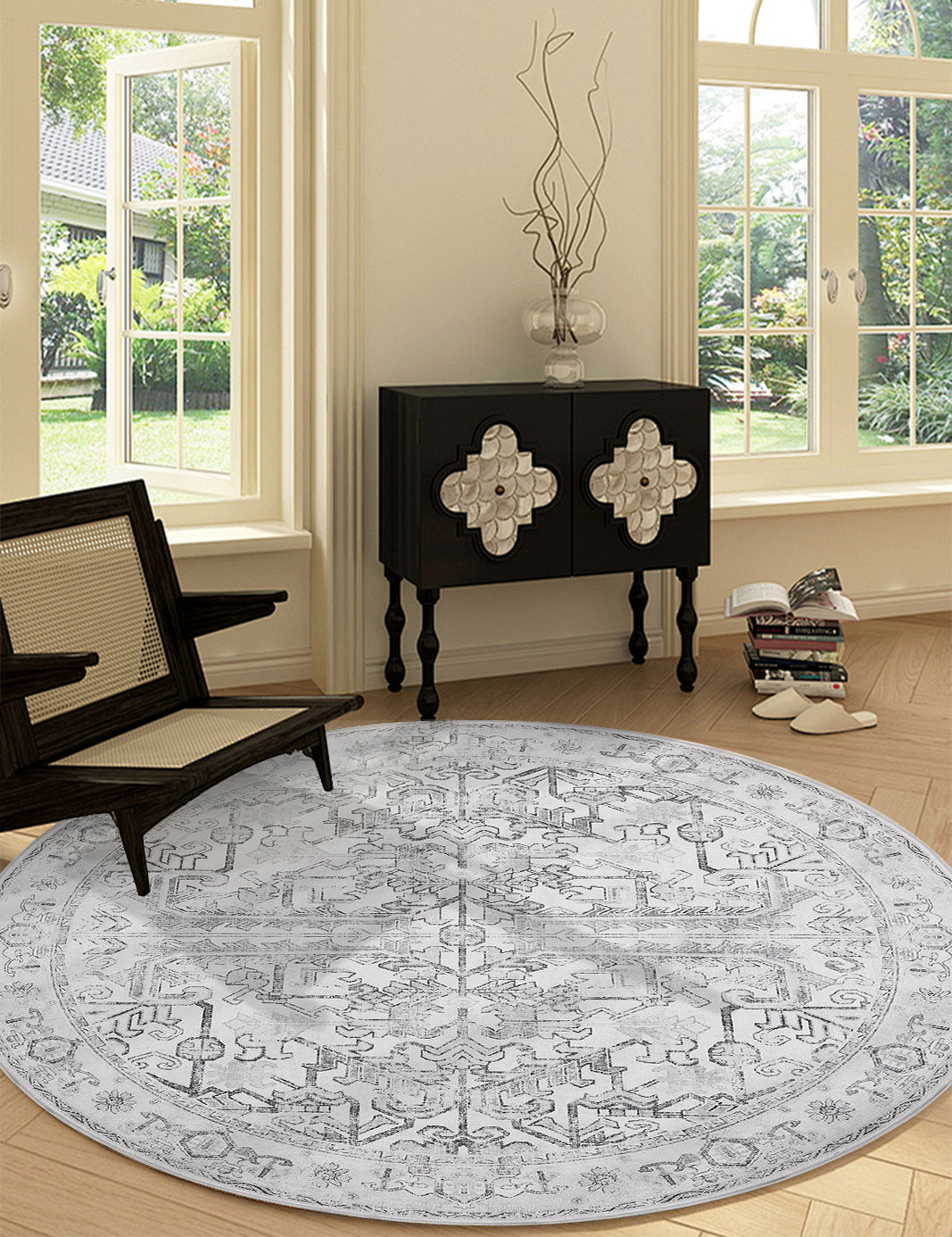 Bungalow Rose Non-Slip Round Machine Washable Rug - Versatile Low-Pile ...