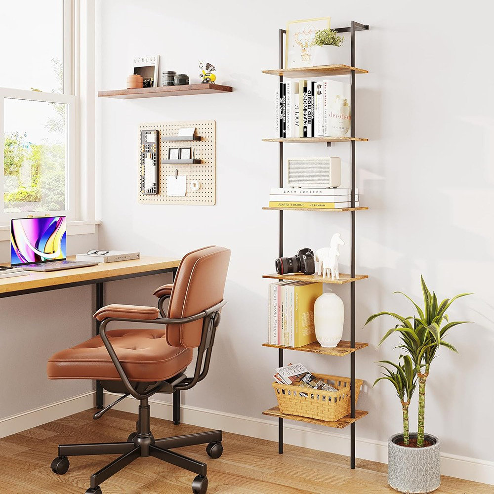 17 Stories 6-Tier Ladder Shelf, 77 Inches Wall Mounted Ladder Bookshelf ...