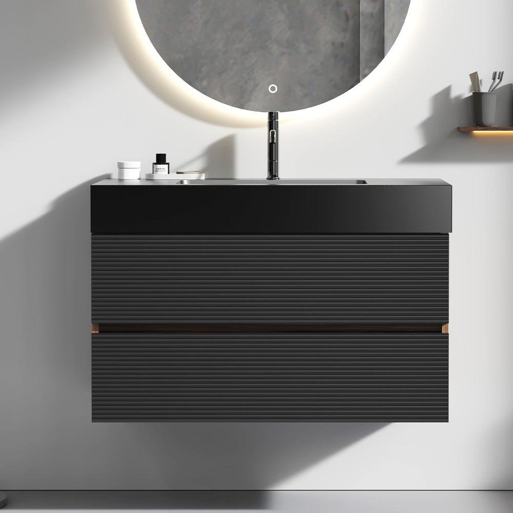 Latitude Run® 36" Walnut Bathroom Vanity with Matt Black Engineered ...