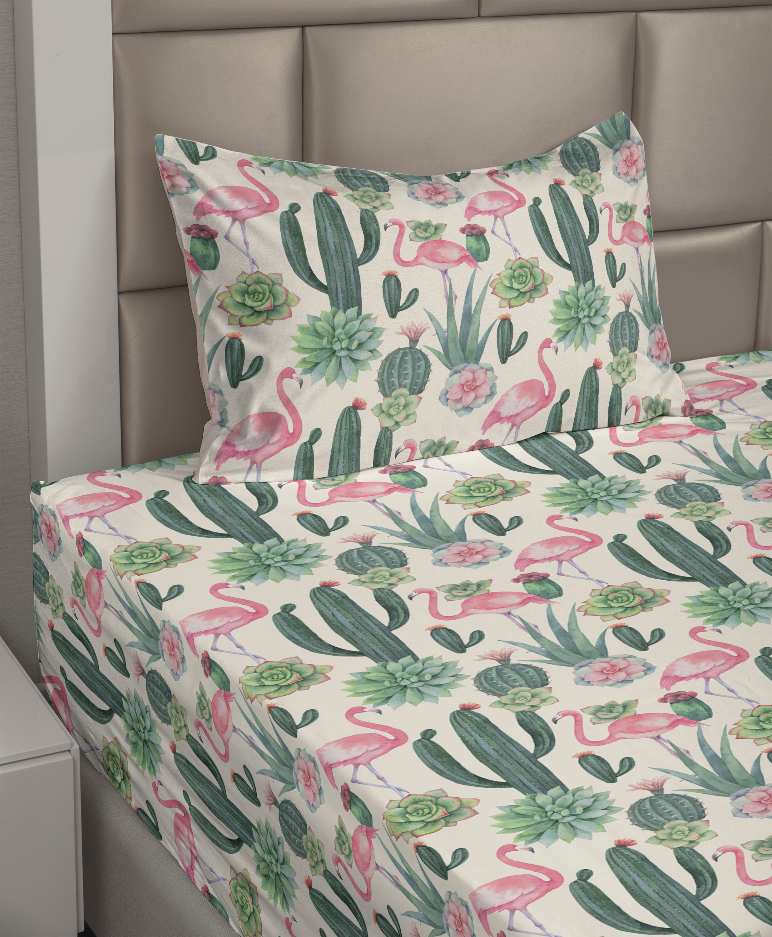 Ambesonne Cactus Sheet Set Succulents Cactus Flamingo Ivory Pink Reseda ...