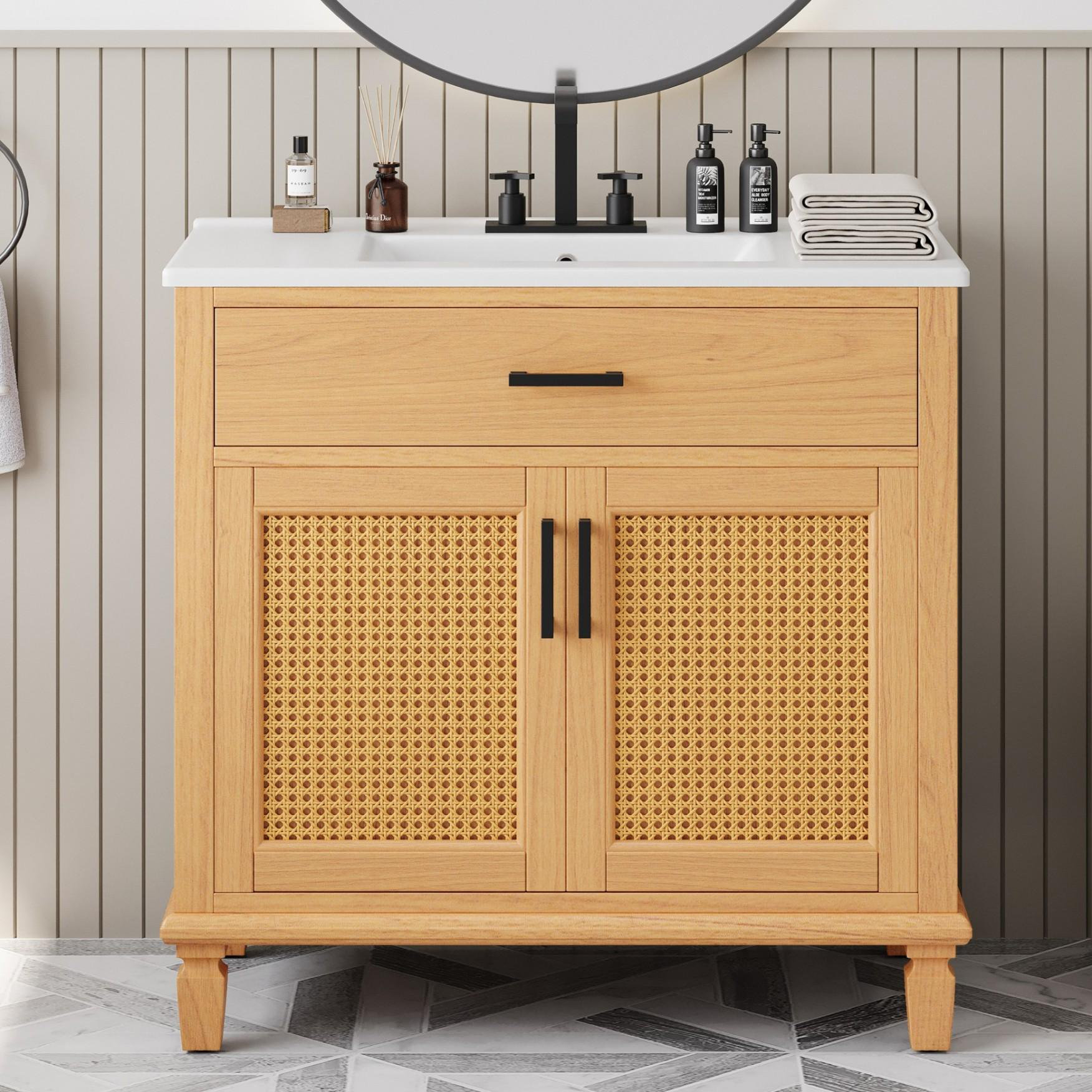 Highland Dunes Rattan Bathroom Cabinet with Ceramic Sink, Freestanding ...