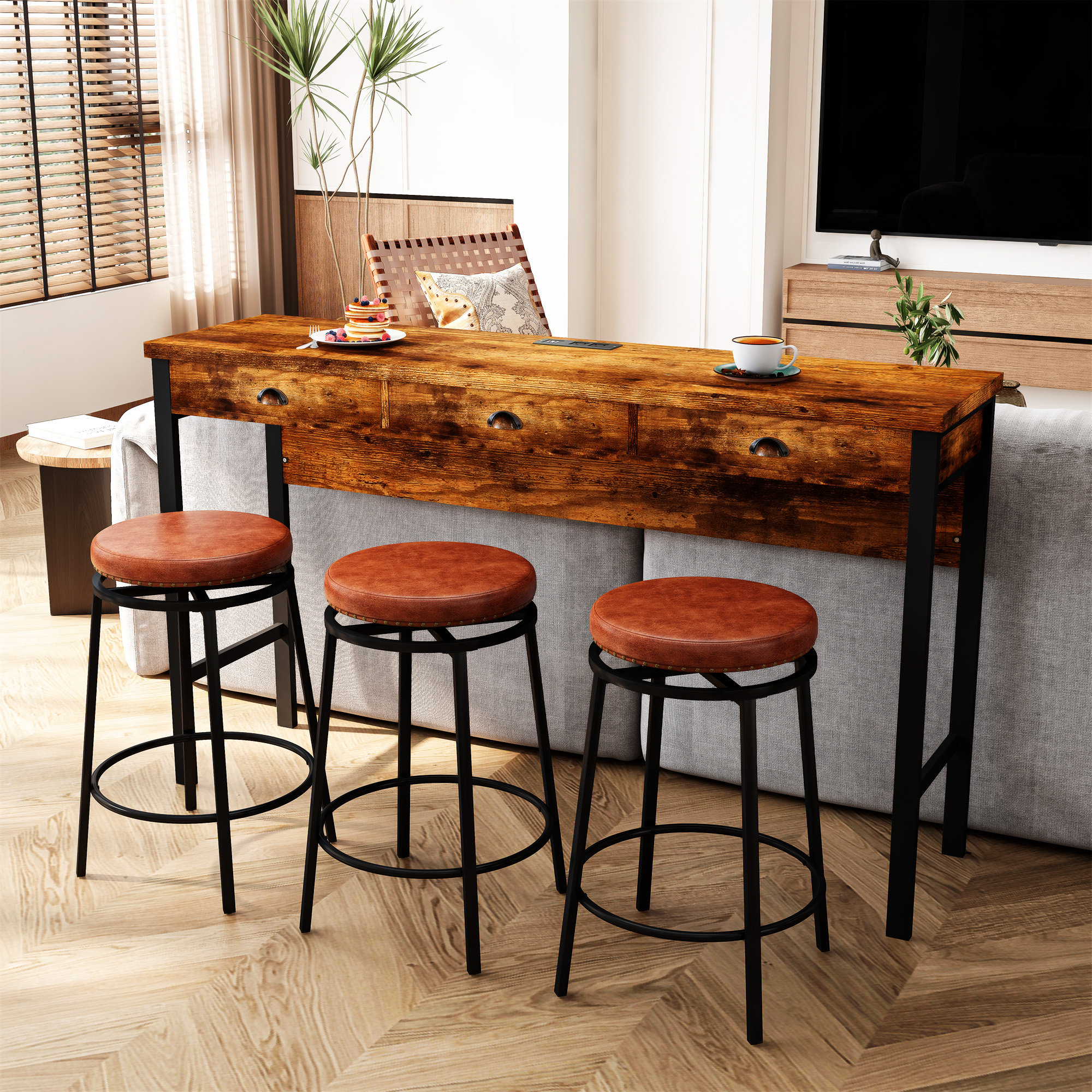 17 Stories 3-Drawer Long Dining Table Set With Power Outlets,dining ...