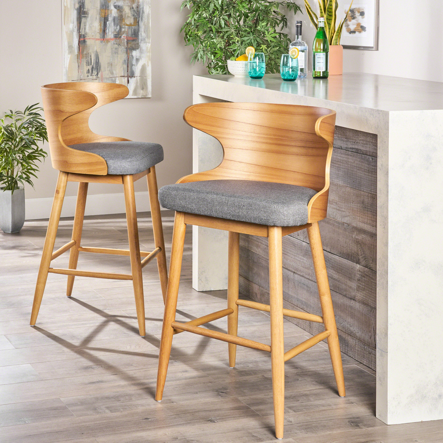 Corrigan Studio 2 Mid-Century Bar Stools, Grey Upholstered Seating ...