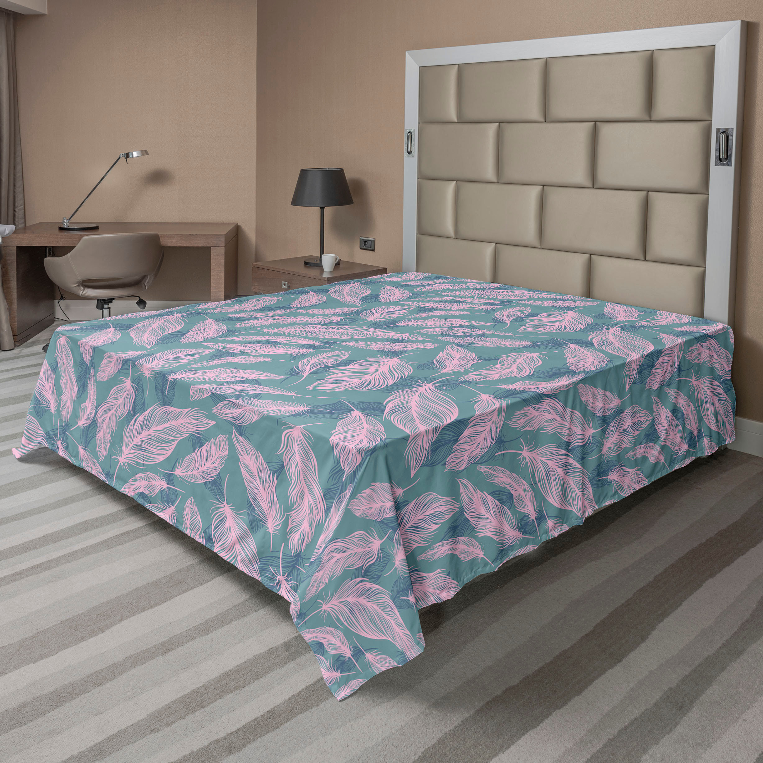 Ambesonne Ethnic Flat Sheet Tribal Repeating Feathers Cadet Blue and ...