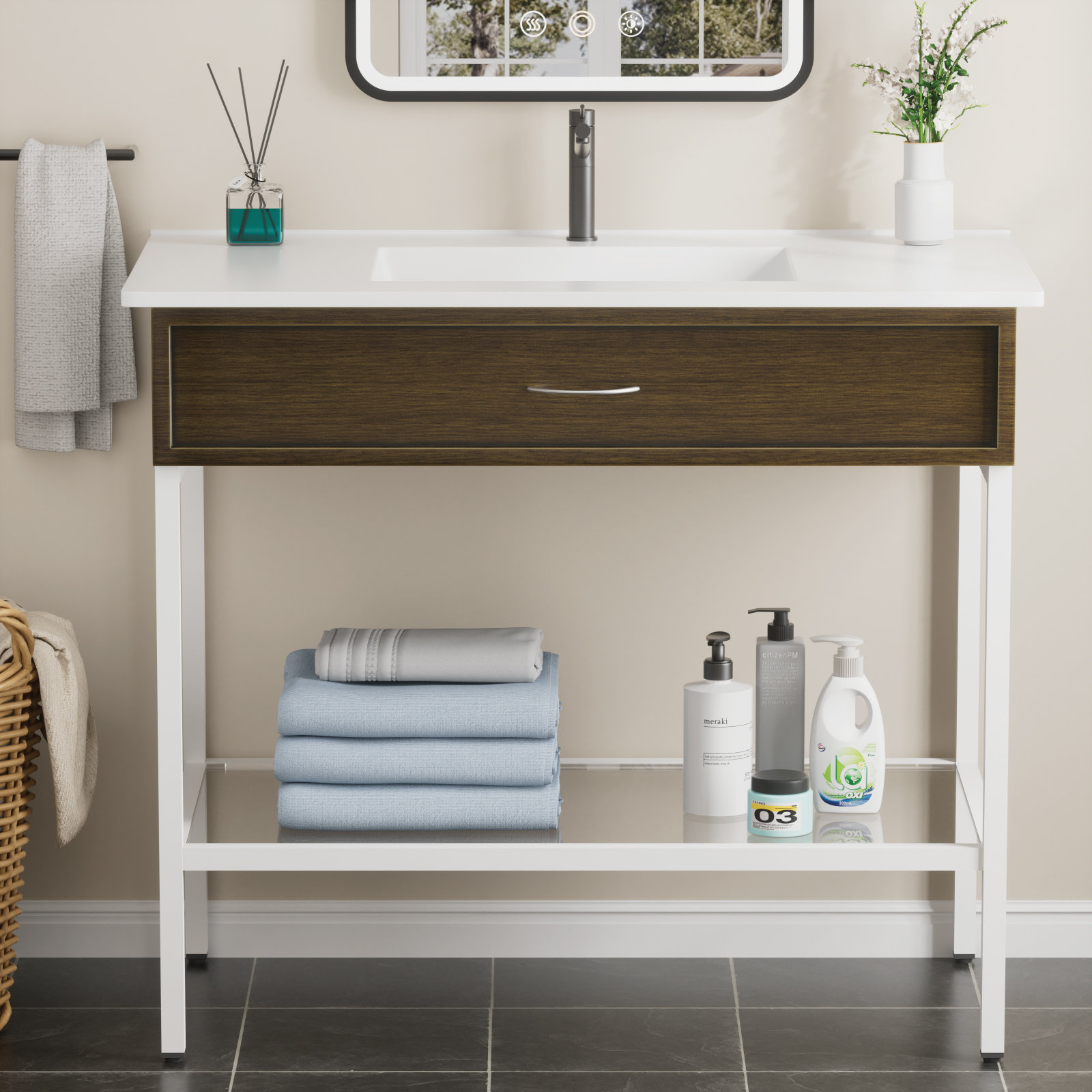 Ebern Designs Aima Single Sink Freestanding Bathroom Vanity with Integrated Resin Top and Open ...