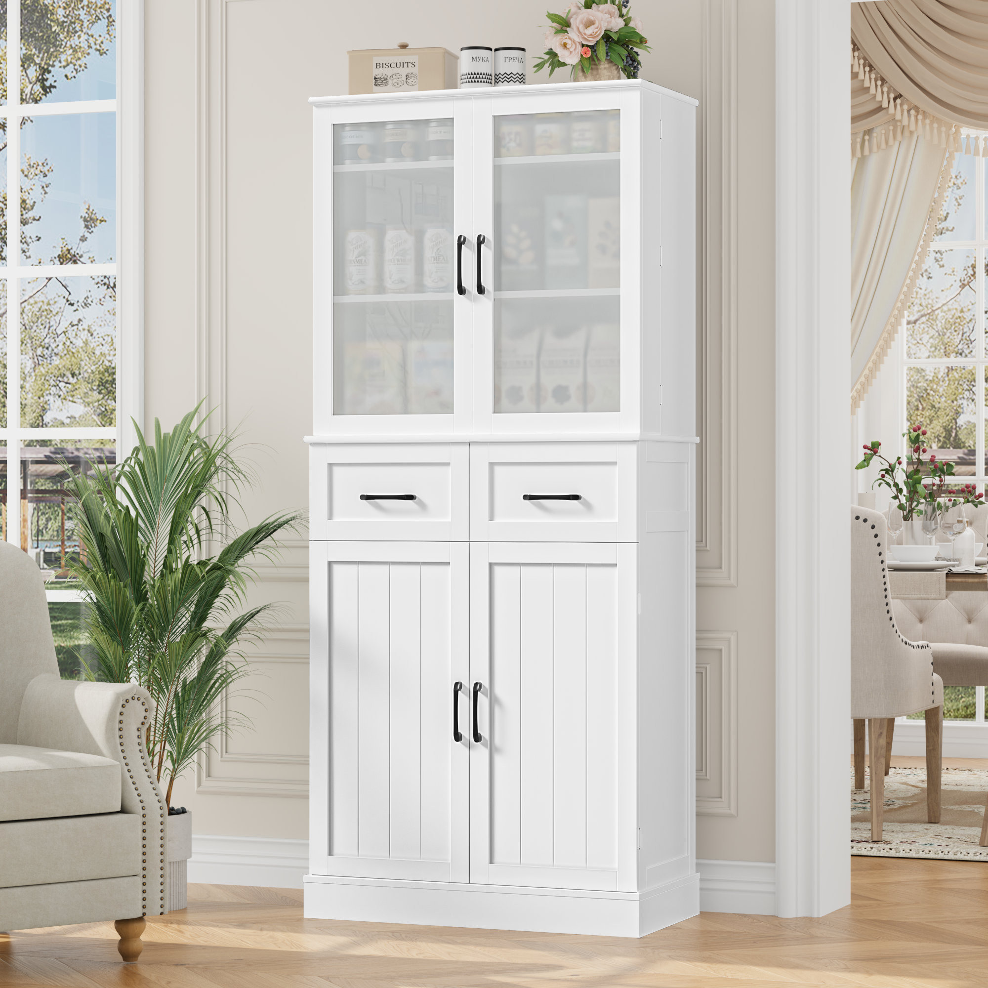 Winston Porter 68'' White Kitchen Pantry with Adjustable Spice Rack ...