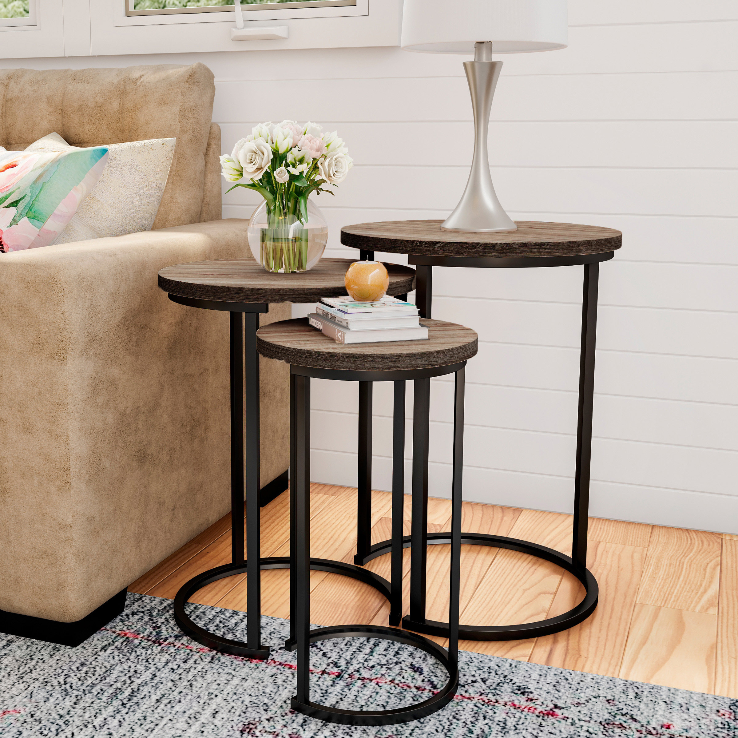 Union Rustic Laib Nesting Tables - Set of 3 Round Side Tables for Living Room, Bedroom, or Home ...