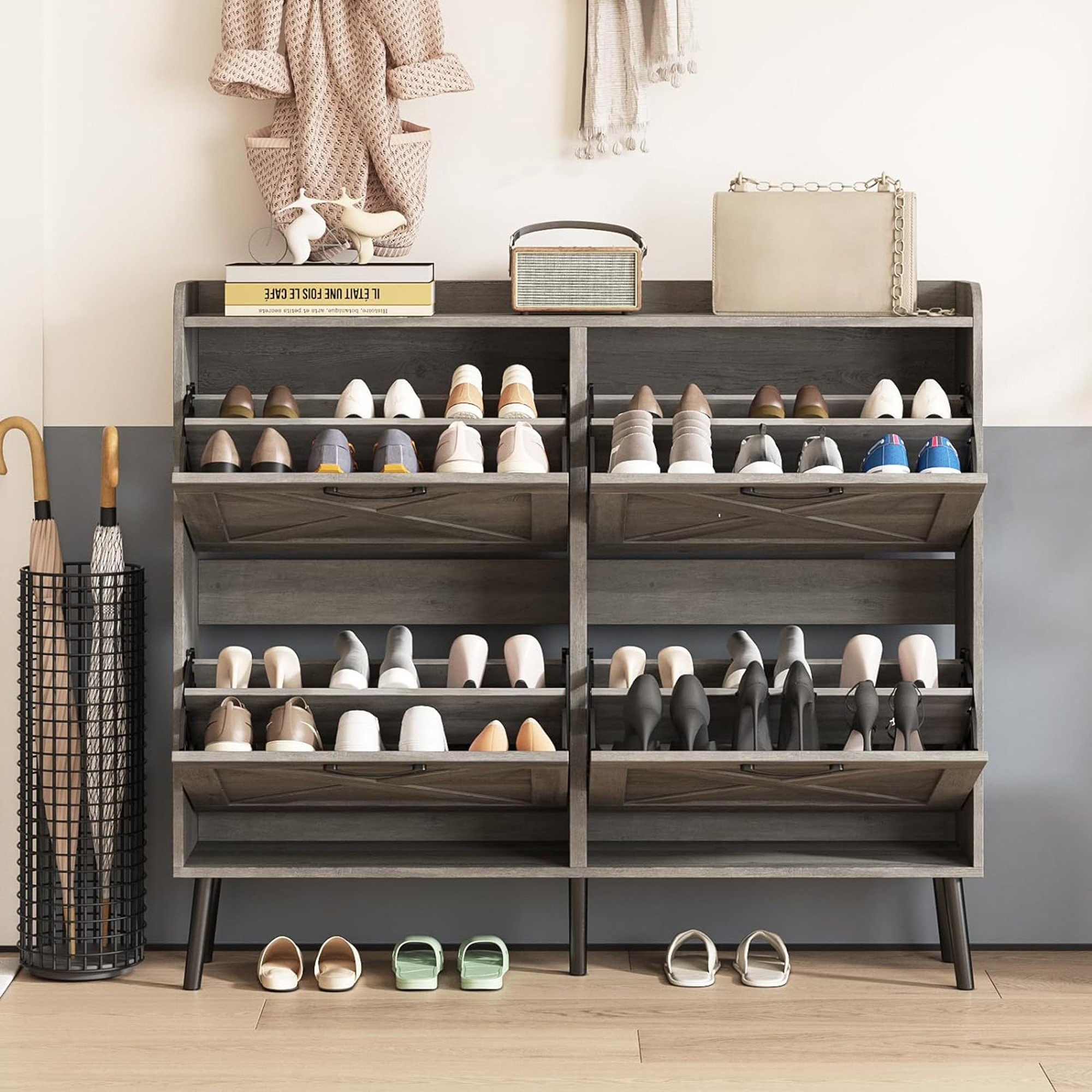 Gracie Oaks Large Shoe Cabinet with 4 Flip Drawers, Freestanding Shoe ...