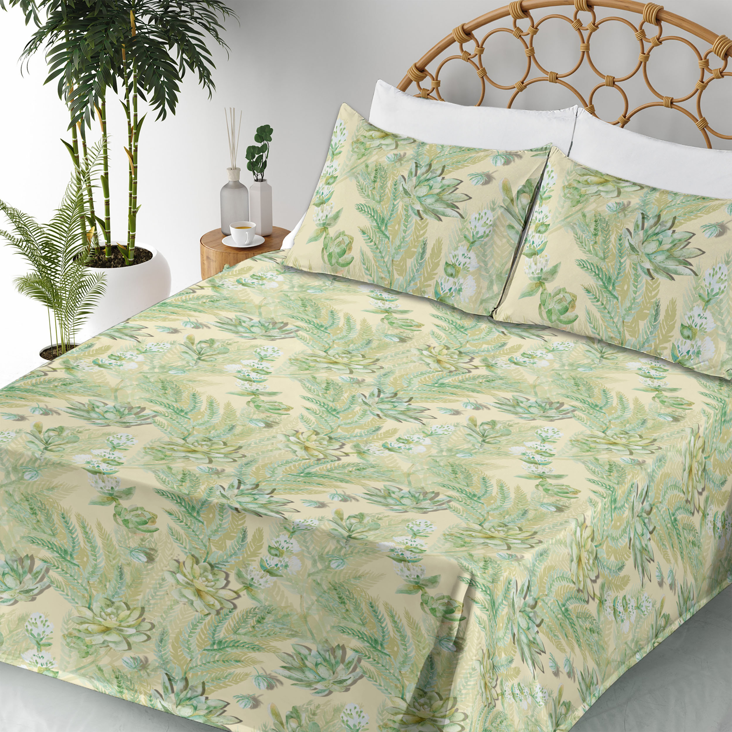 Ambesonne Greenery Sheet Set Lotus and Fern Leaves Art Peacock Green ...