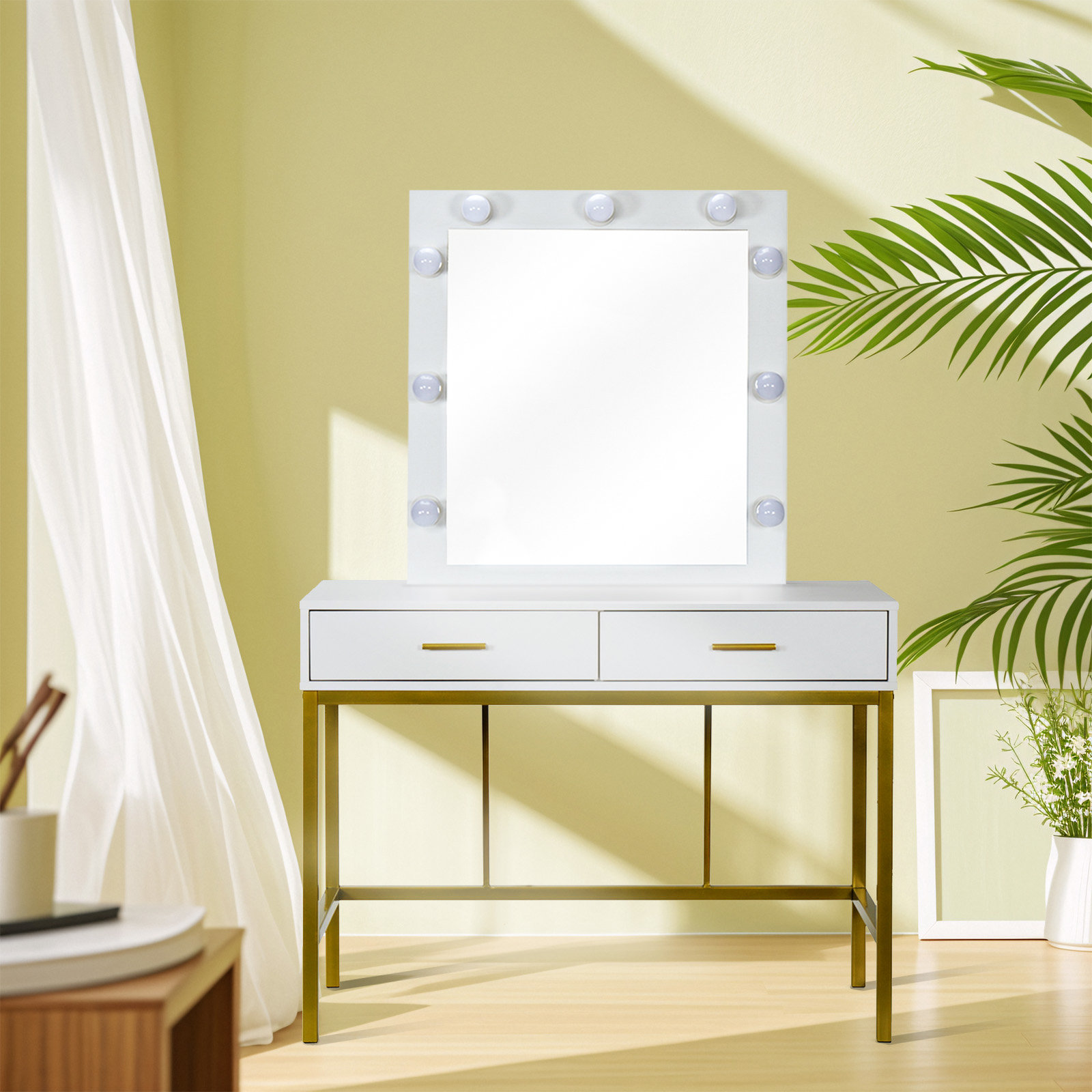 Mercer41 White Makeup Vanity Set with Mirror and Lights 2-Drawer steel ...