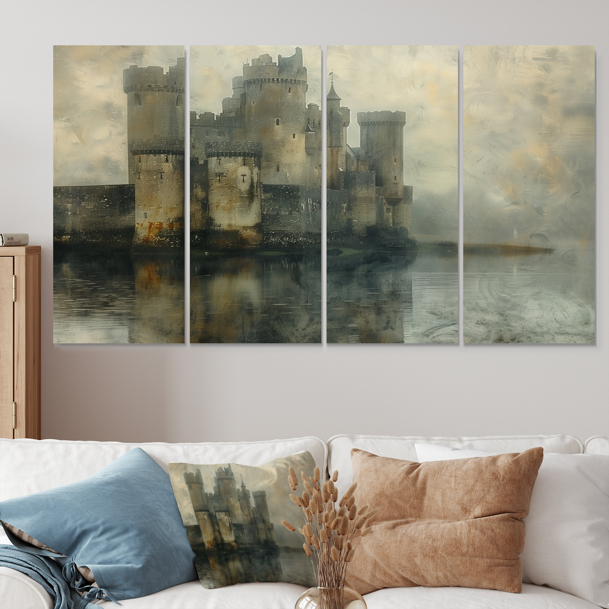 Design Art Grey Beige Medieval Winter Castle - Castles Canvas Wall Art ...