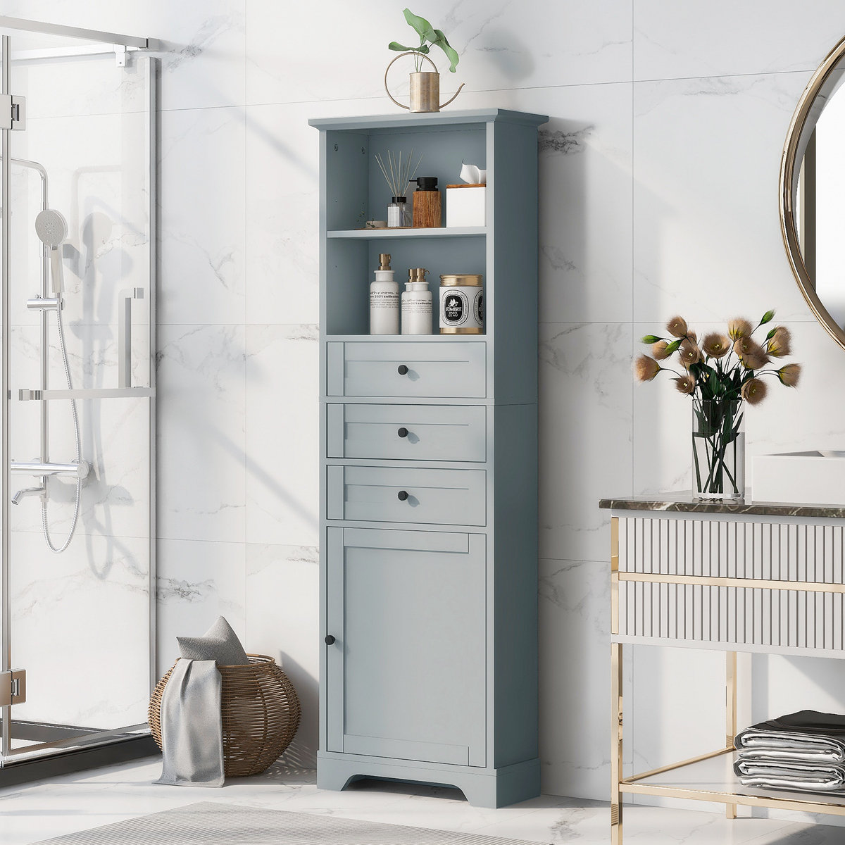 GZMWON Stylish Tall Storage Cabinet FreeStanding Cabinet Bathroom ...